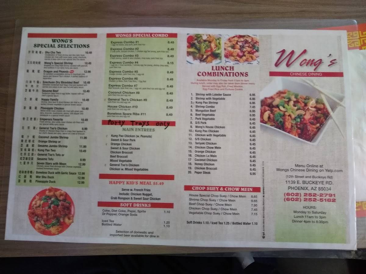 Menu at Wong's Chinese Dining restaurant, Phoenix, E Buckeye Rd