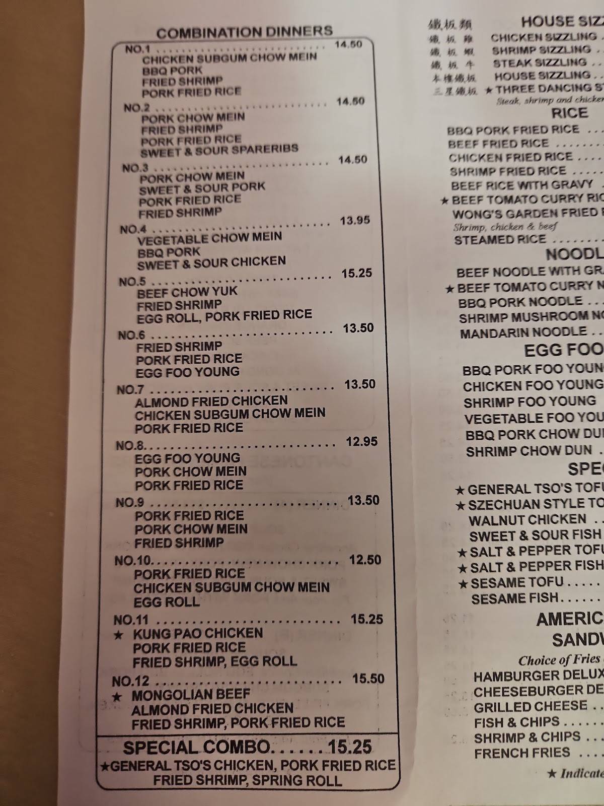 Menu at Wong's Garden restaurant, Portland, SE Woodstock Blvd