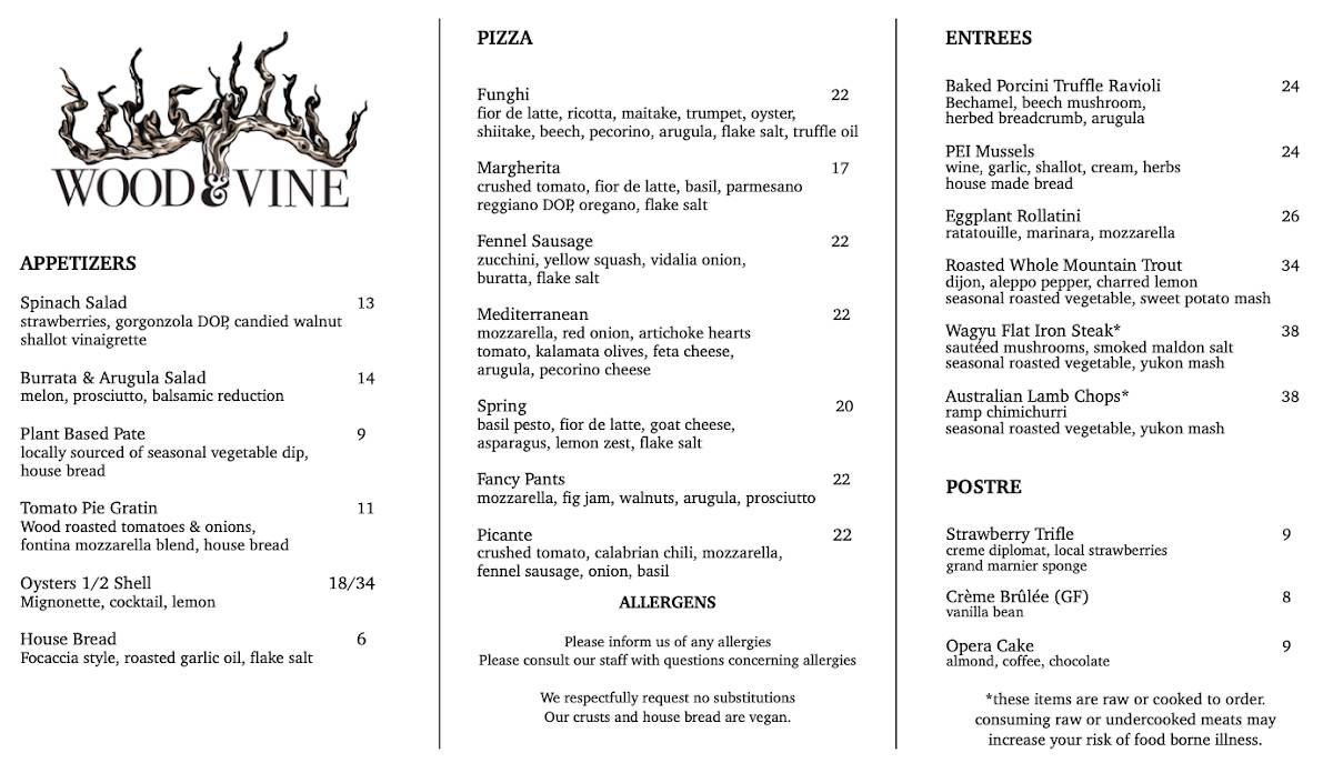 Menu at Wood & Vine restaurant, Brevard