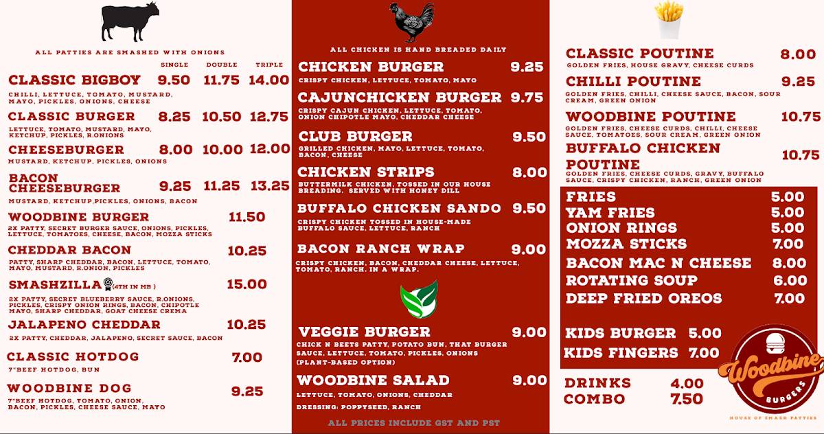 Menu at Woodbine Burgers restaurant, Winnipeg