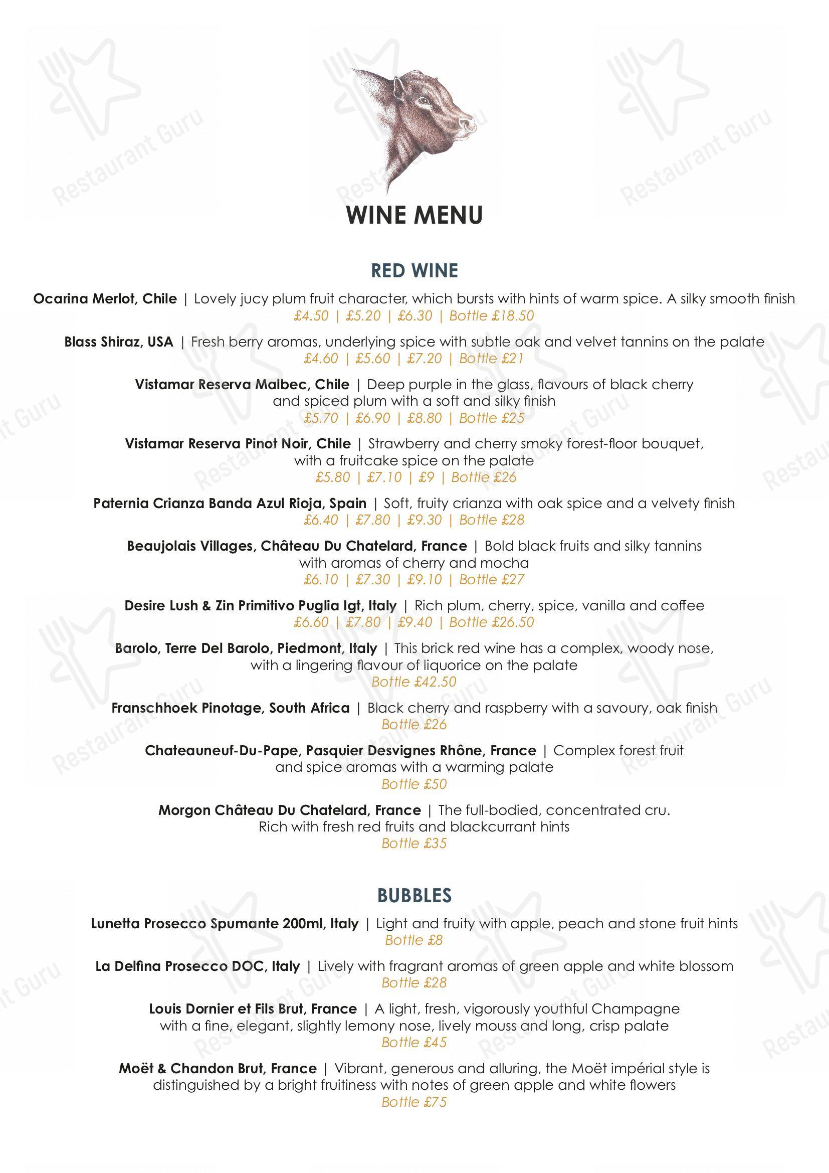 Menu at The Bull Inn restaurant, Woolpit