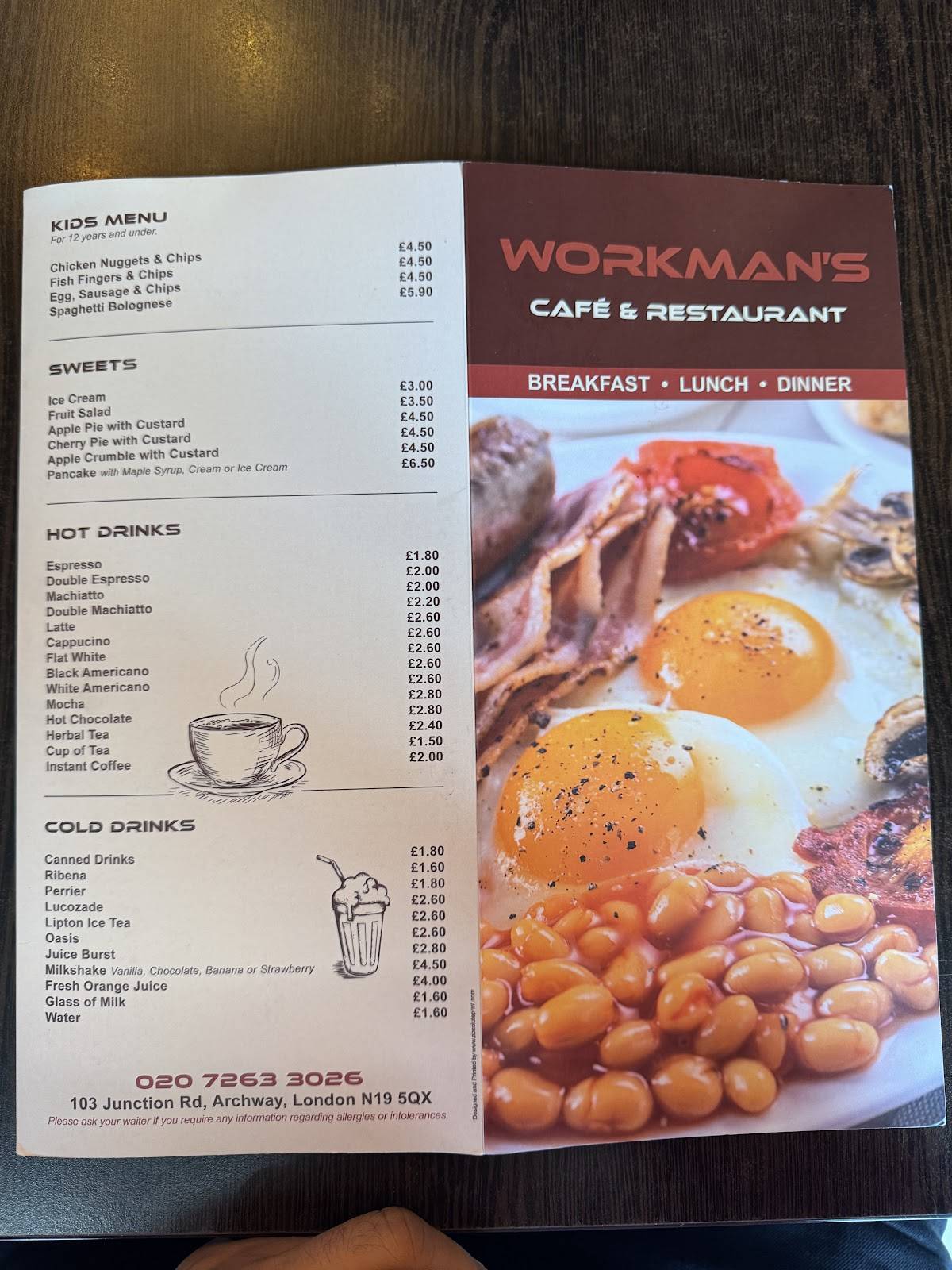 Menu at Workman's Cafe & Restaurant, London, 103 Junction Rd