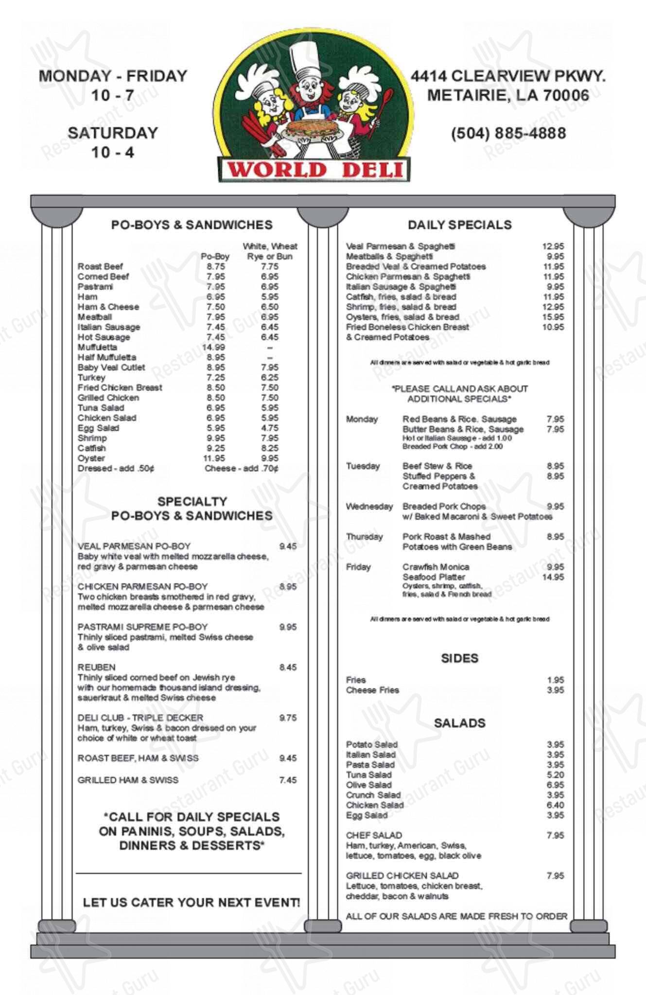 Menu at World Deli restaurant, Metairie, Clearview Pkwy