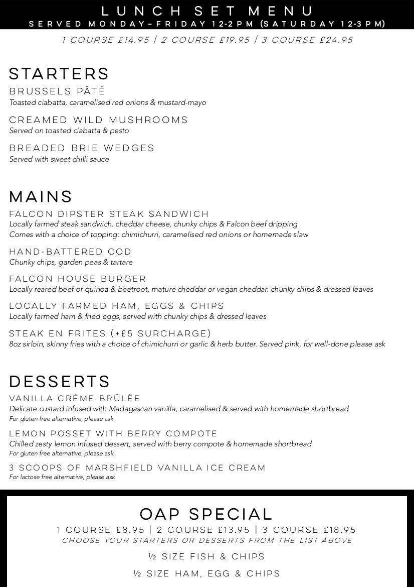 Menu at The Falcon Steakhouse, Wotton-under-Edge
