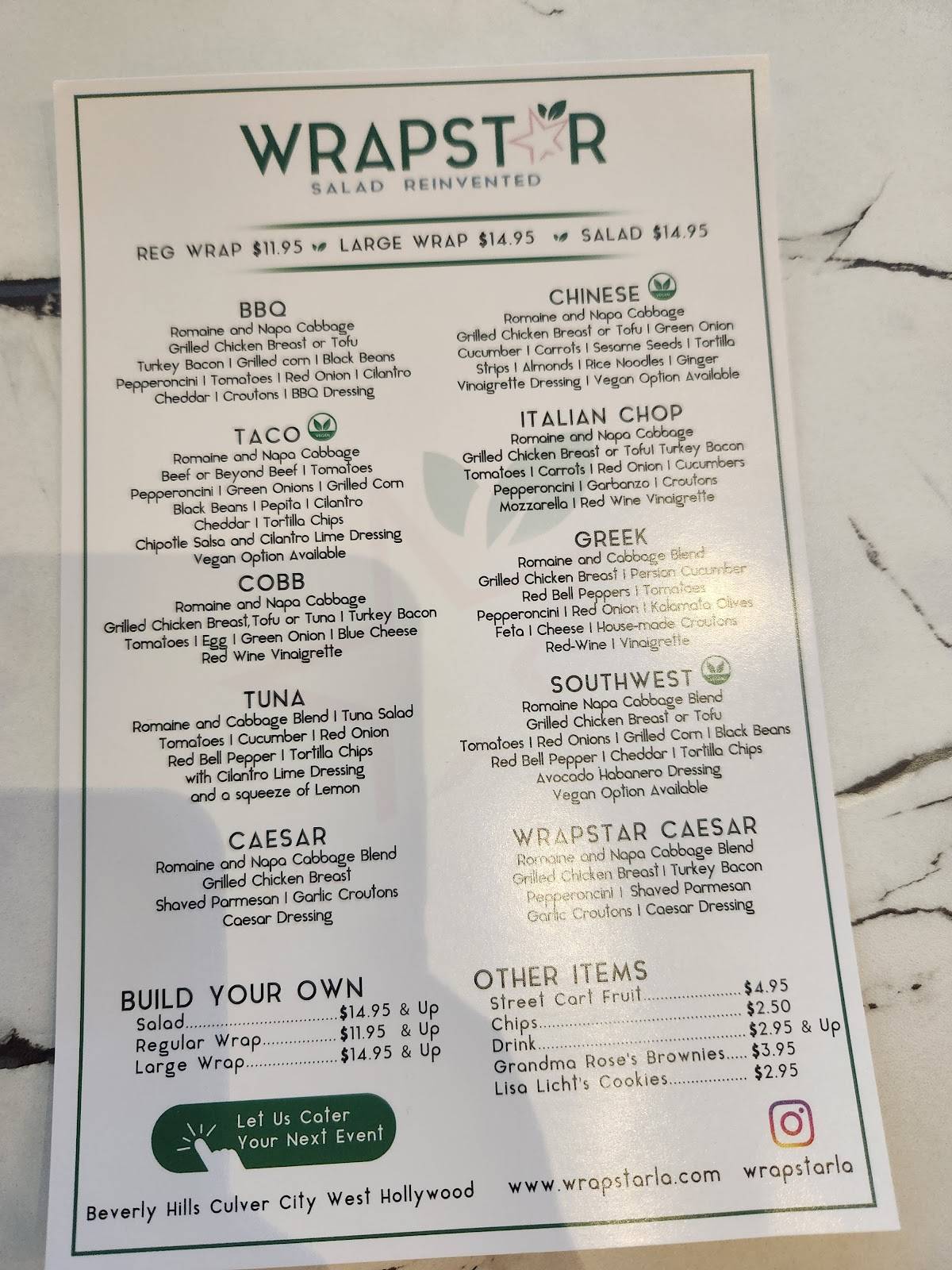 Carta del restaurante Wrapstar Culver City, Culver City