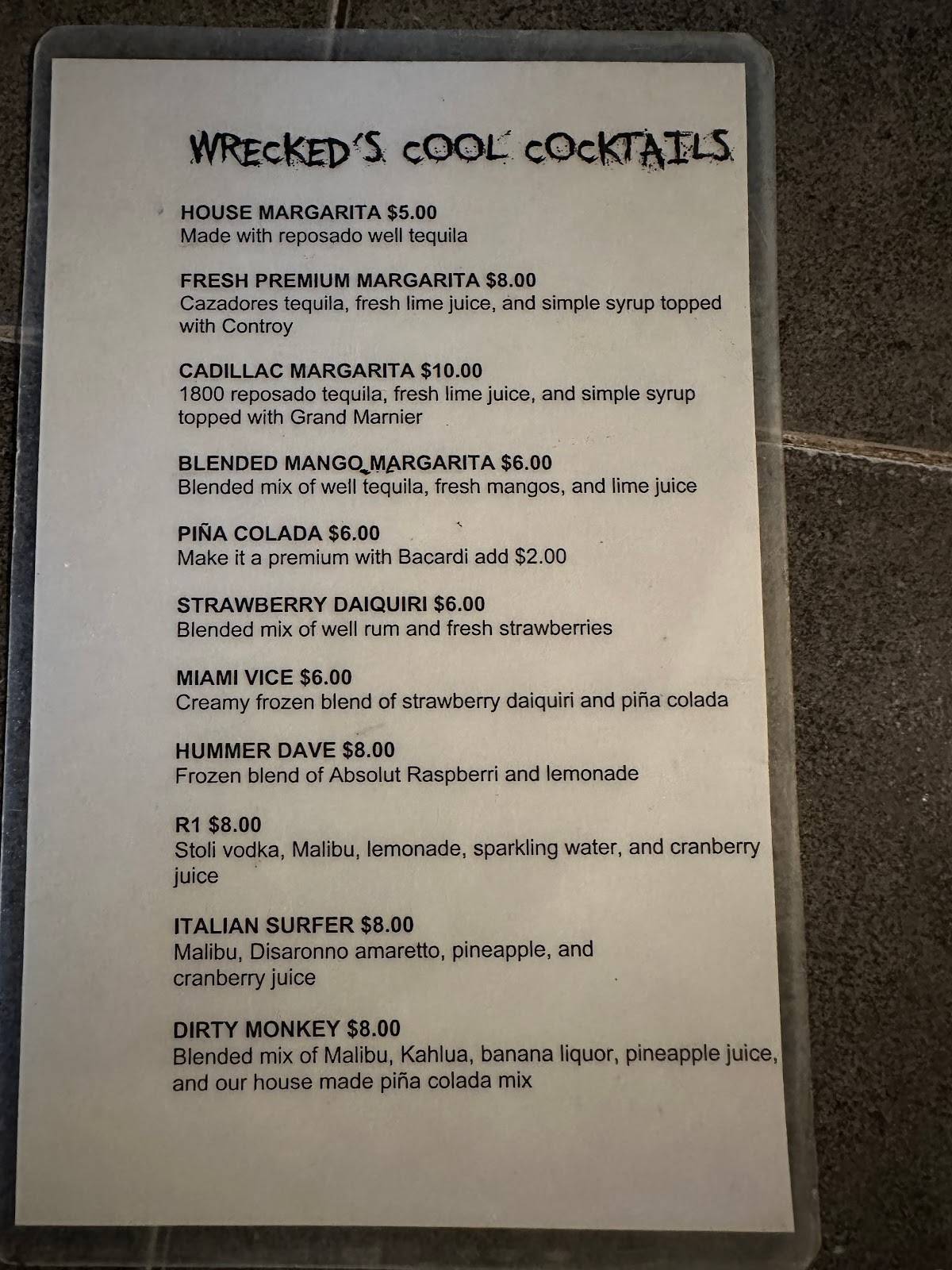 Menu at Wrecked at the Reef pub & bar, Puerto Peñasco