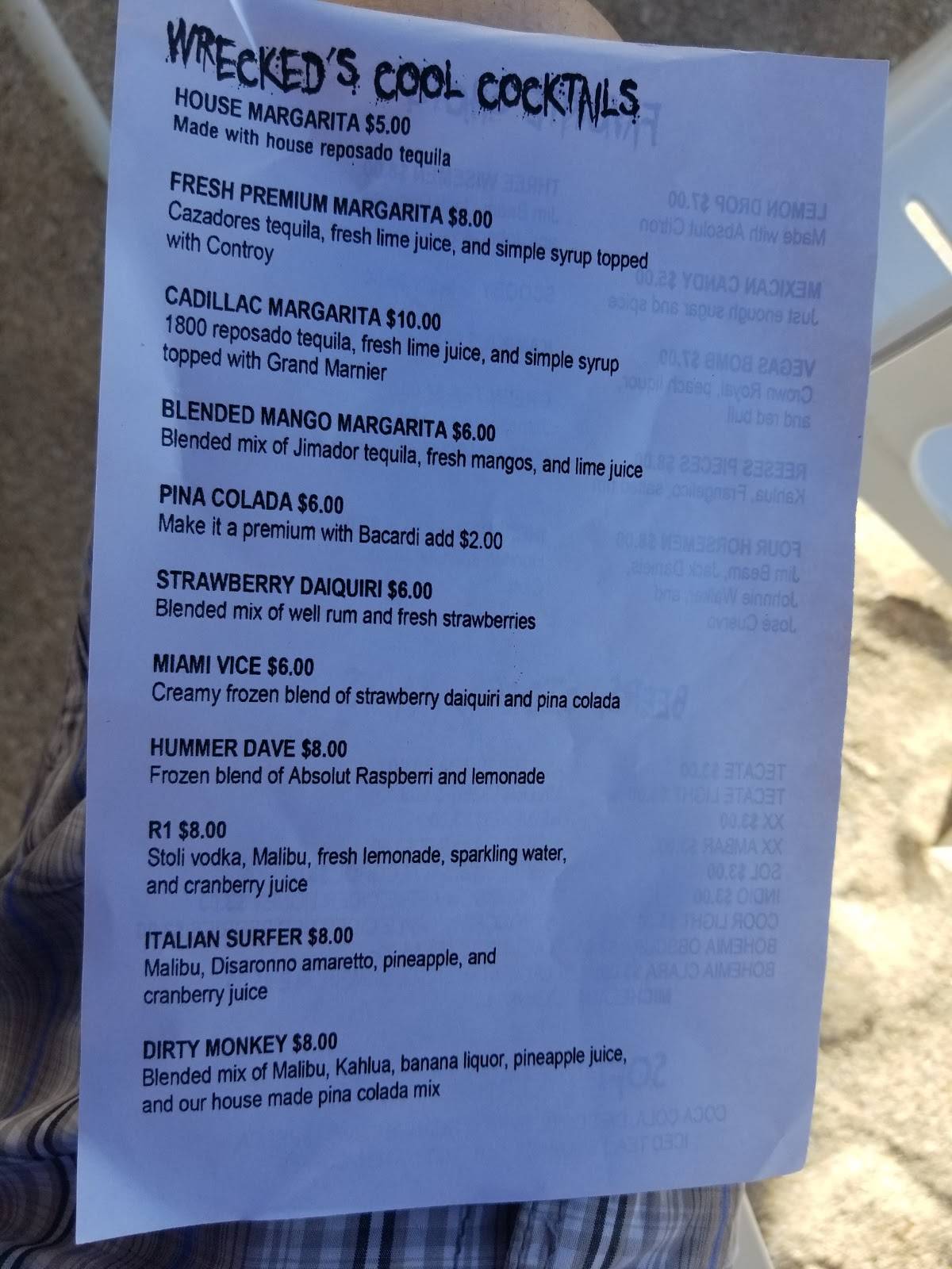 Menu at Wrecked at the Reef pub & bar, Puerto Peñasco