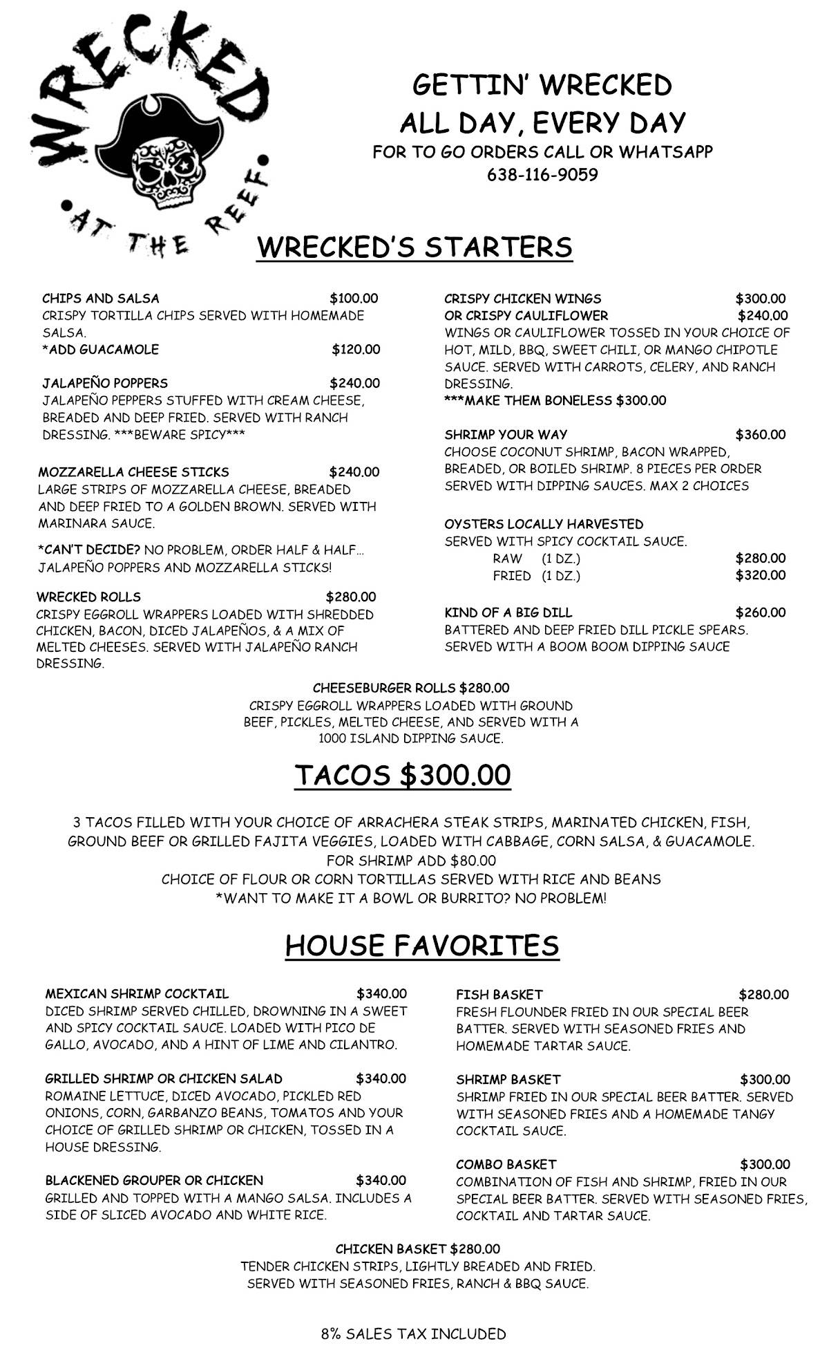 Menu at Wrecked at the Reef pub & bar, Puerto Peñasco
