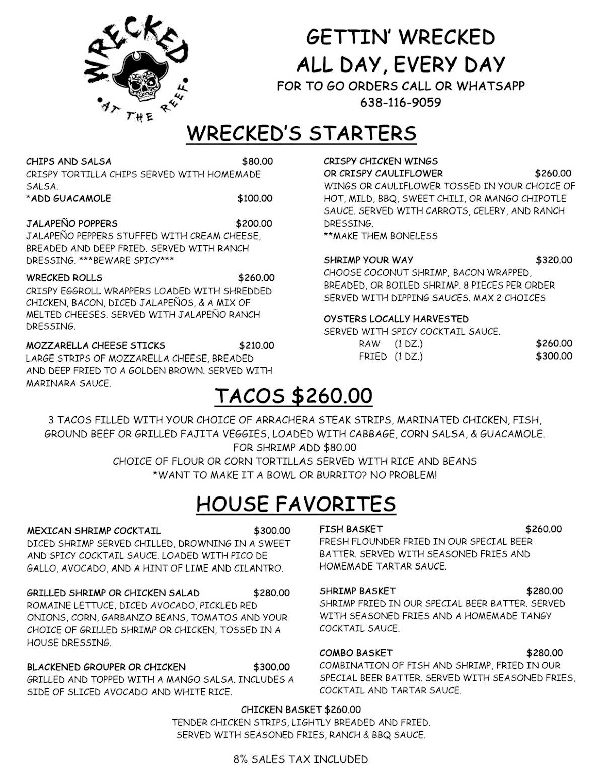 Menu at Wrecked at the Reef pub & bar, Puerto Peñasco