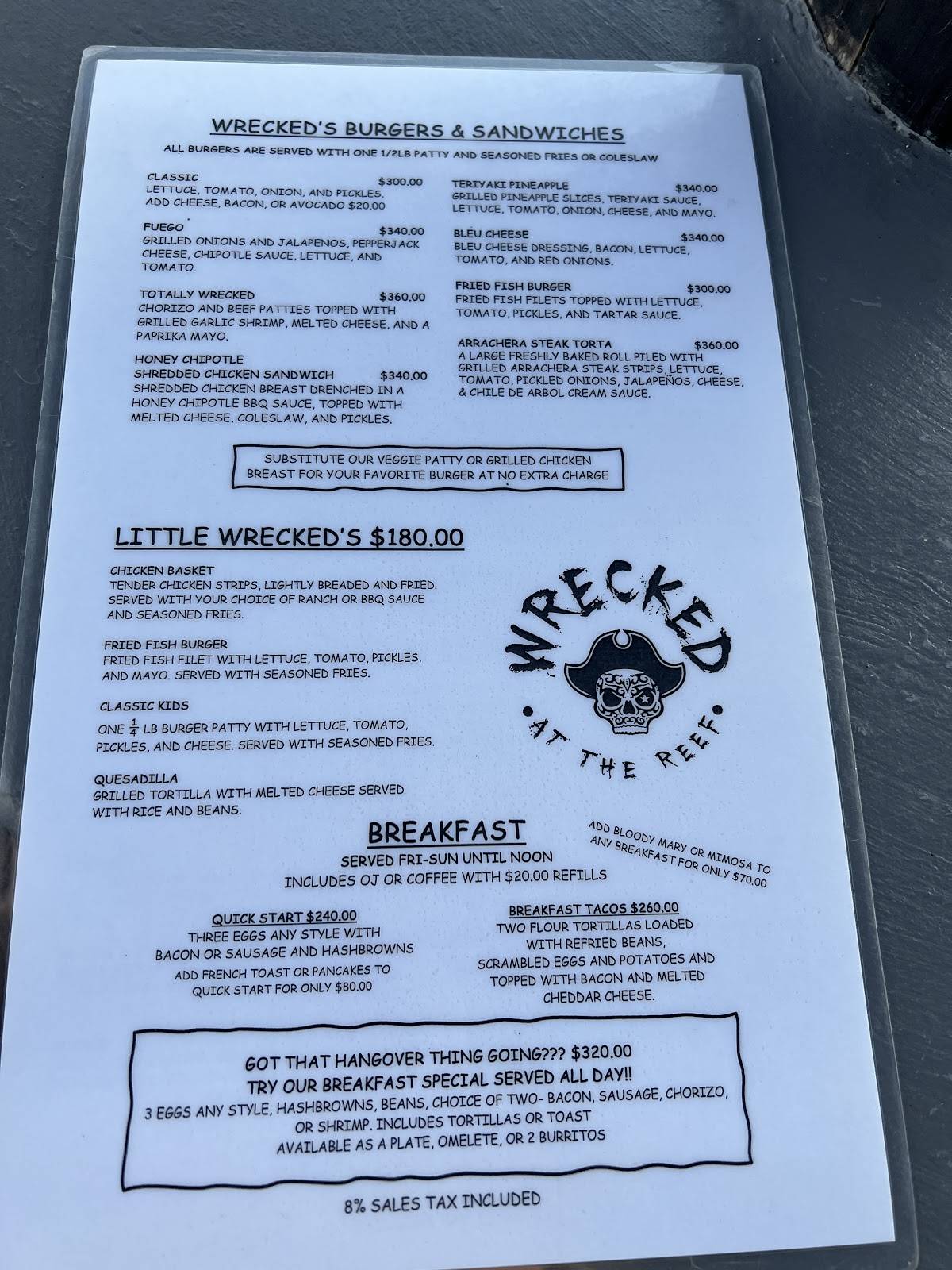 Menu at Wrecked at the Reef pub & bar, Puerto Peñasco