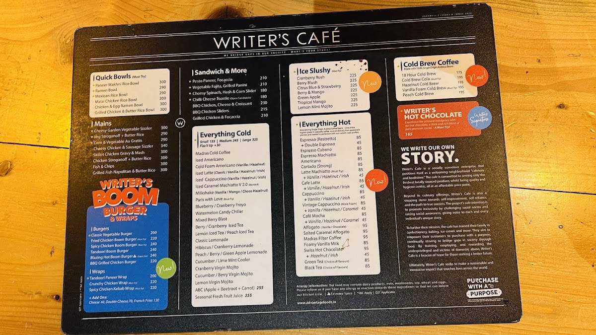 Menu at Writer's Cafe - VR Mall, Chennai