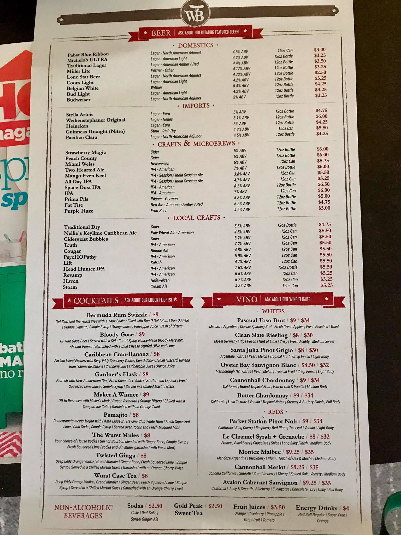 Menu at Wurst Bar in the Square, Cincinnati