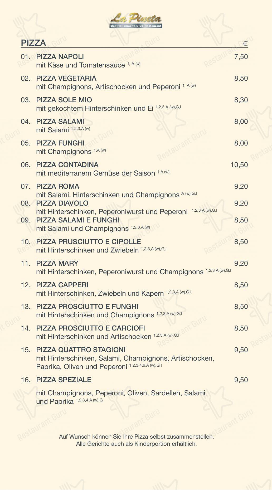 Speisekarte von Restaurant Pizzeria La Pineta, Würzburg