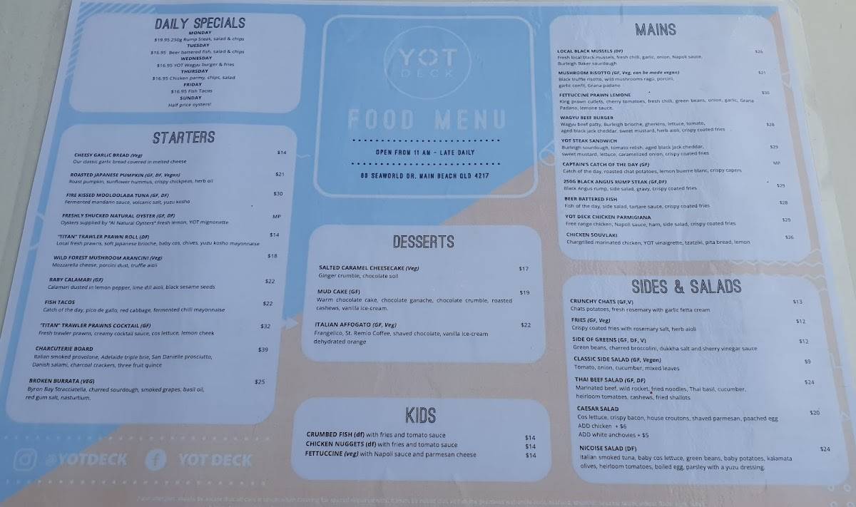 Menu at YOT Deck restaurant, Main Beach
