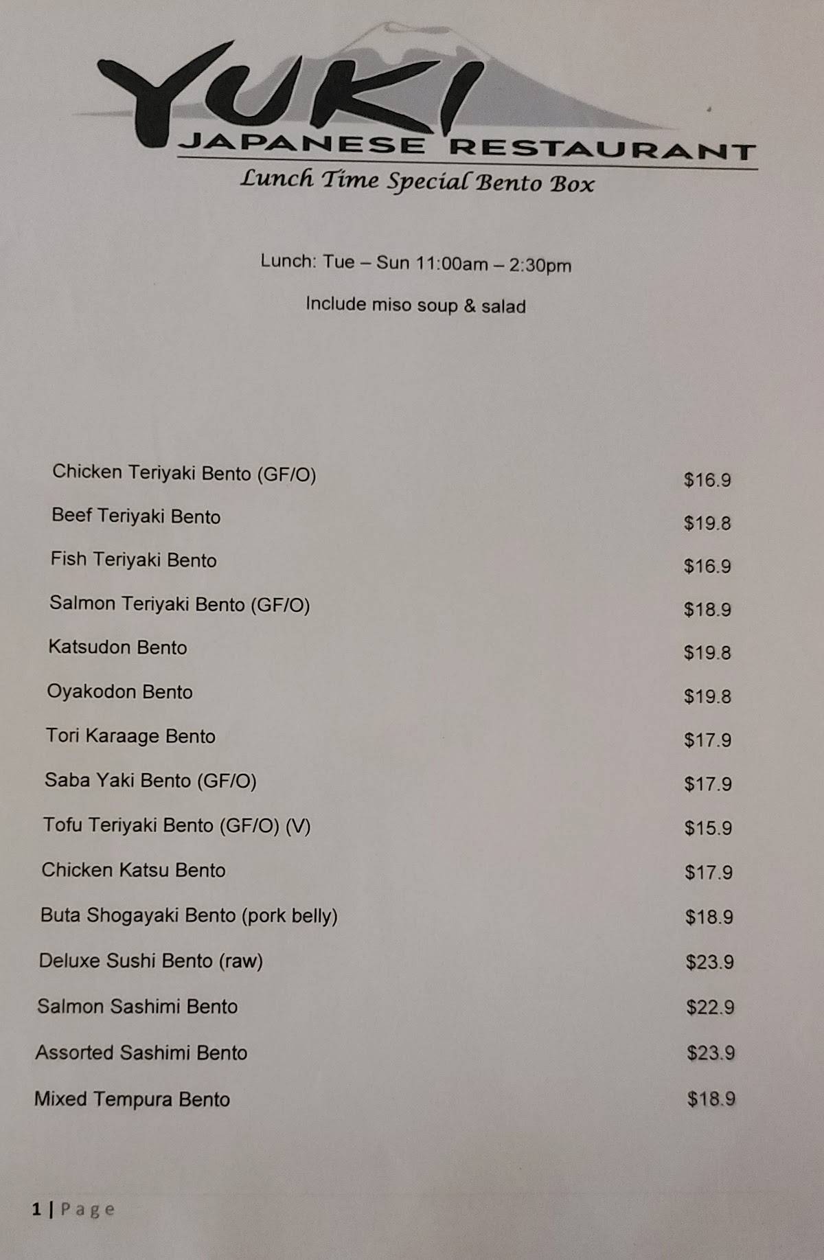 Menu at YUKI Japanese Restaurant, Willetton, 7/113 Collins Rd