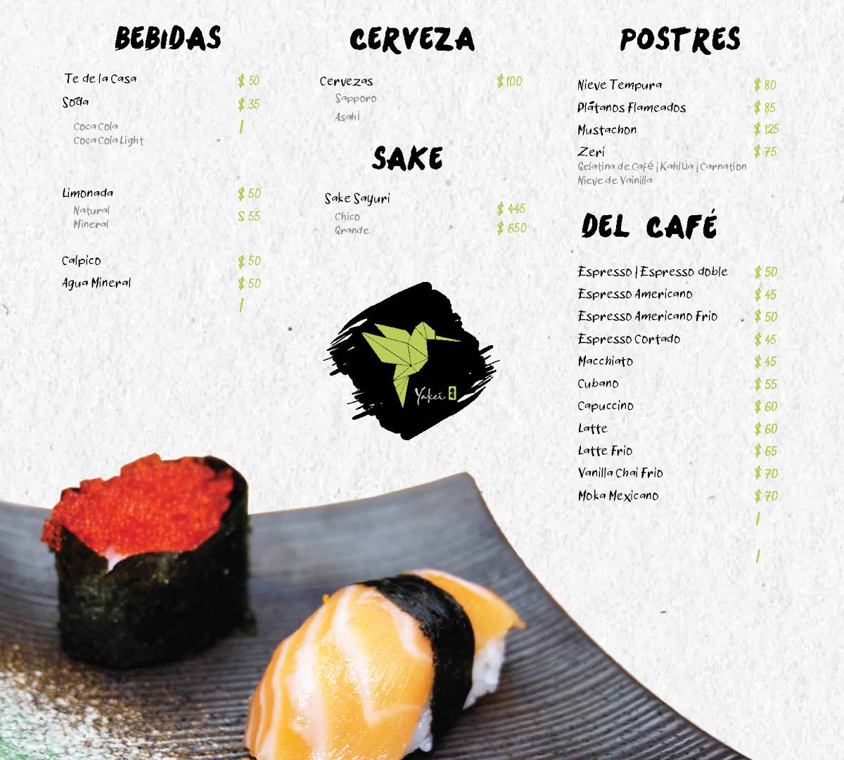 Menu at Yakei Sushi restaurant, Tijuana