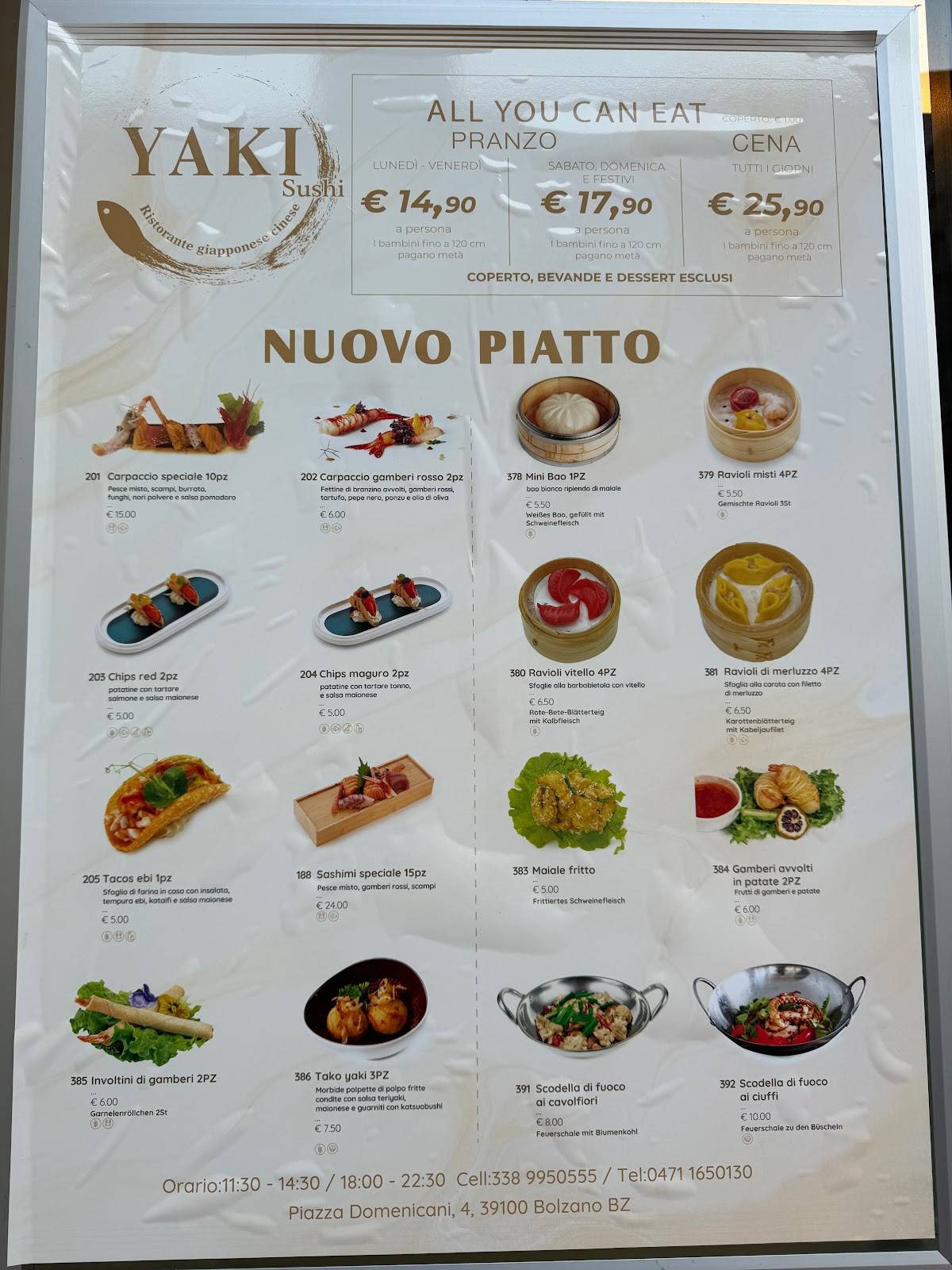 Menu at Yaki Sushi restaurant, Bolzano