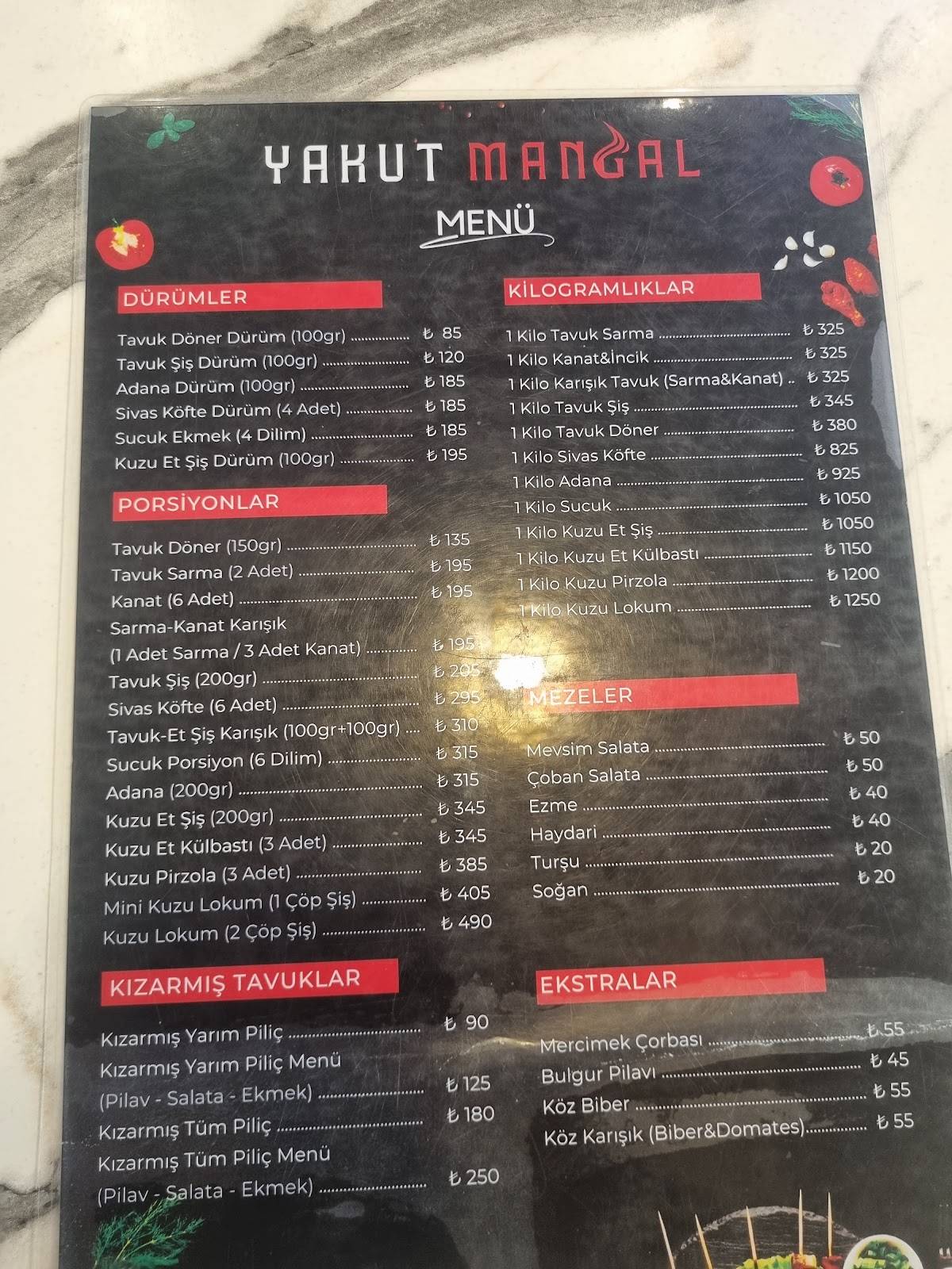Menu at Yakut Mangal, Kayseri