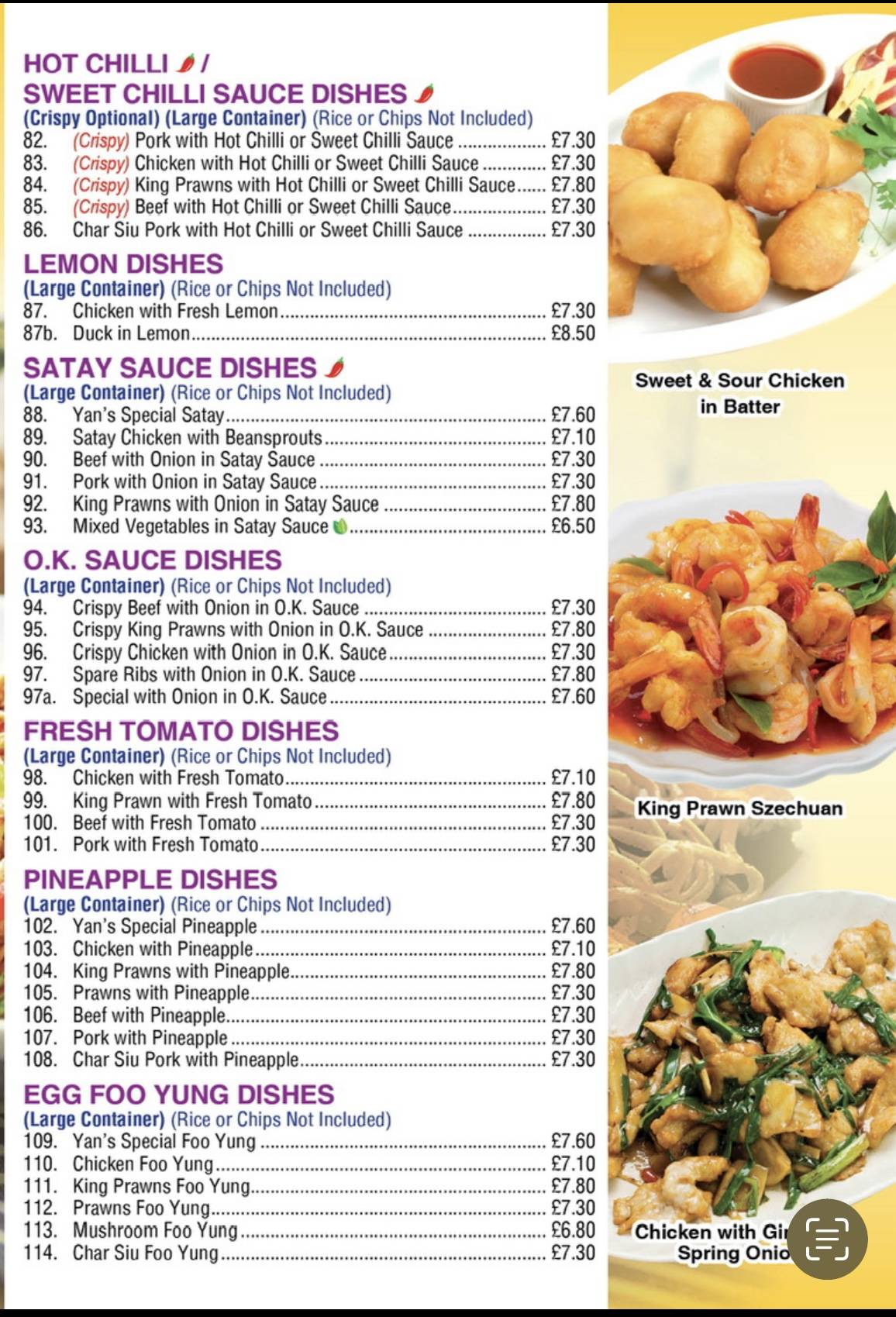 Menu at Yan’s Chinese Takeaway fast food, Malton