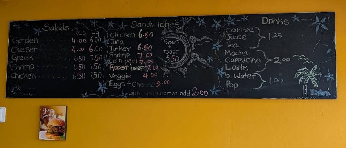 Menu at Yaser's Cafe, Burnaby