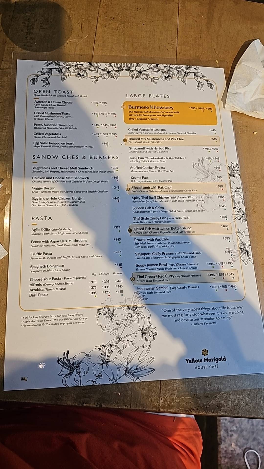 Menu at Yellow Marigold Experience Studio and House Cafe, Dehradun