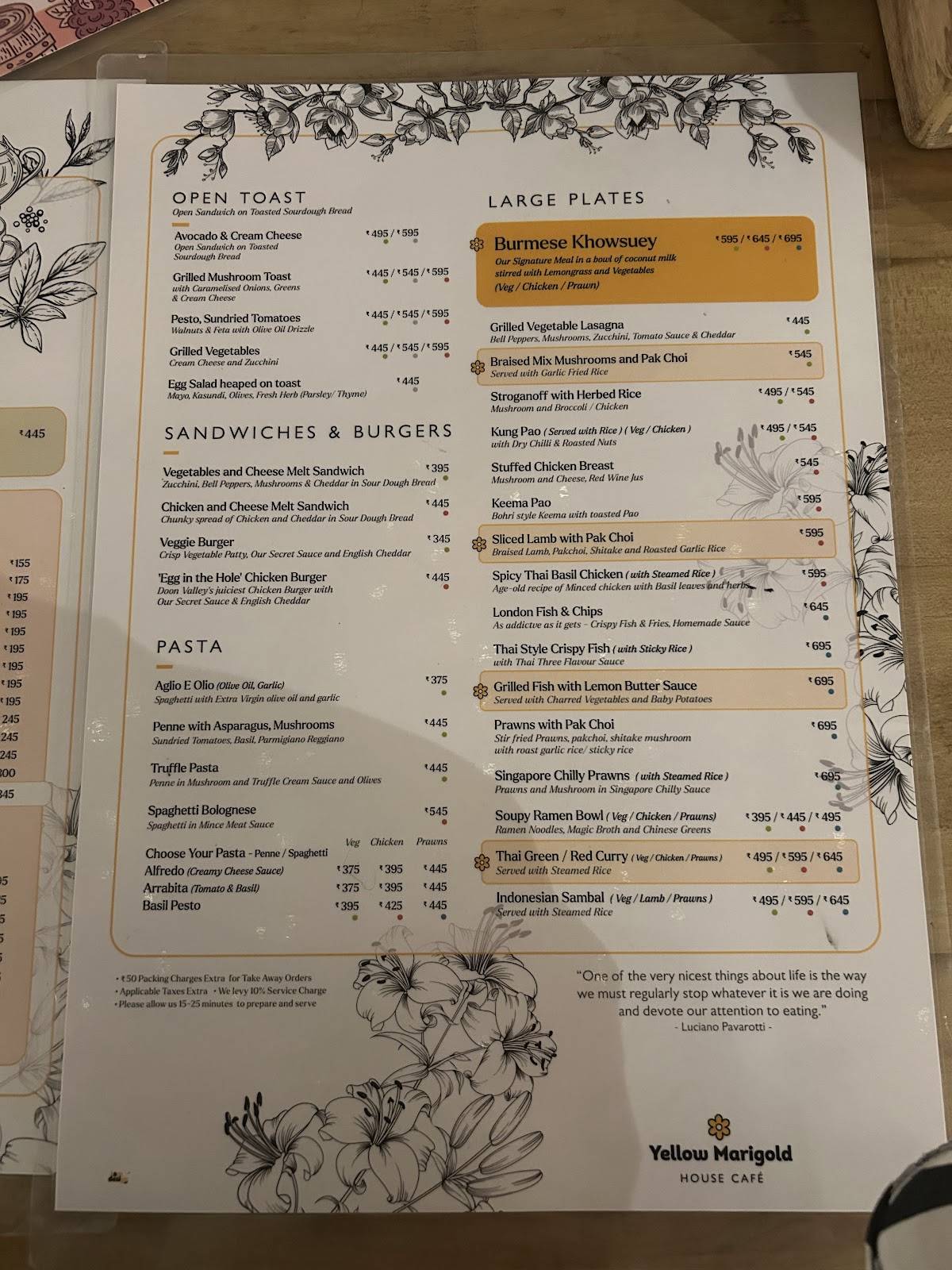 Menu at Yellow Marigold Experience Studio and House Cafe, Dehradun