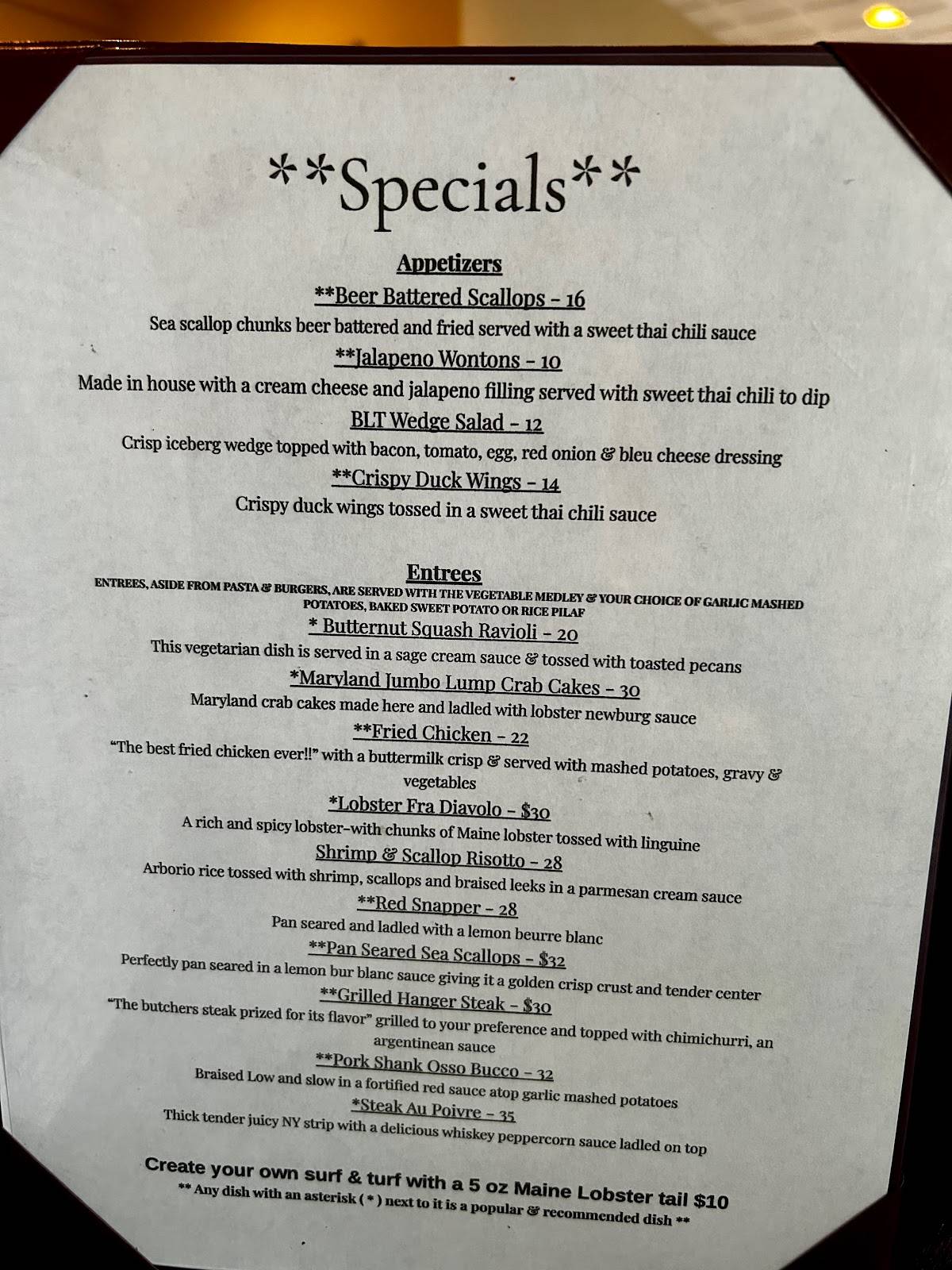 Menu at Yianni's Chatham House steakhouse, Chatham