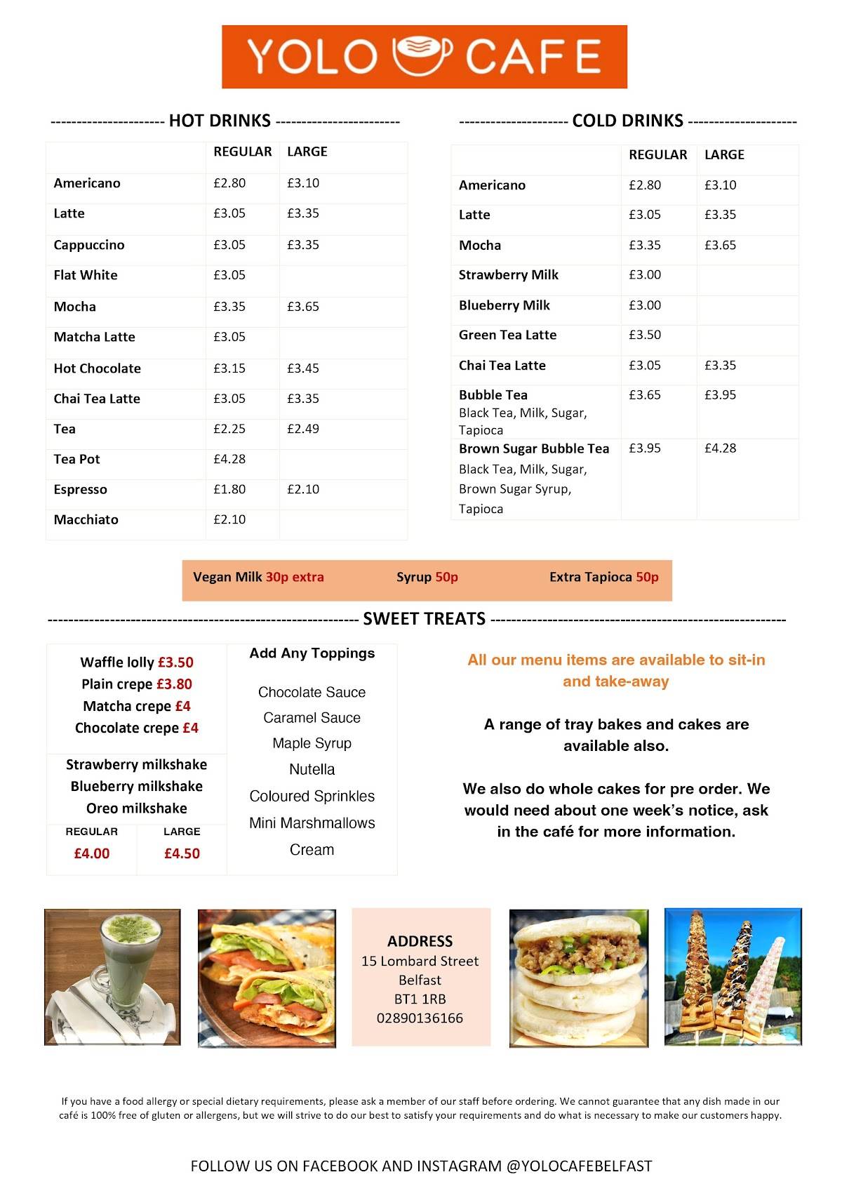 Menu at Yolo Cafe, Belfast