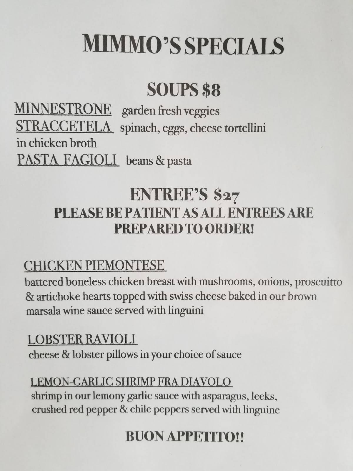 Menu at Mimmo's Italian Restaurant, York, 243 Long Beach Ave