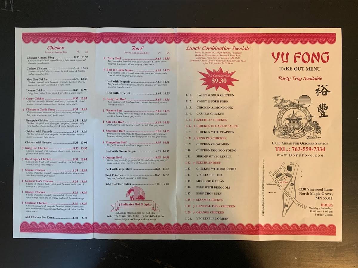 Menu at Yu Fong restaurant, Maple Grove, Vinewood Ln N