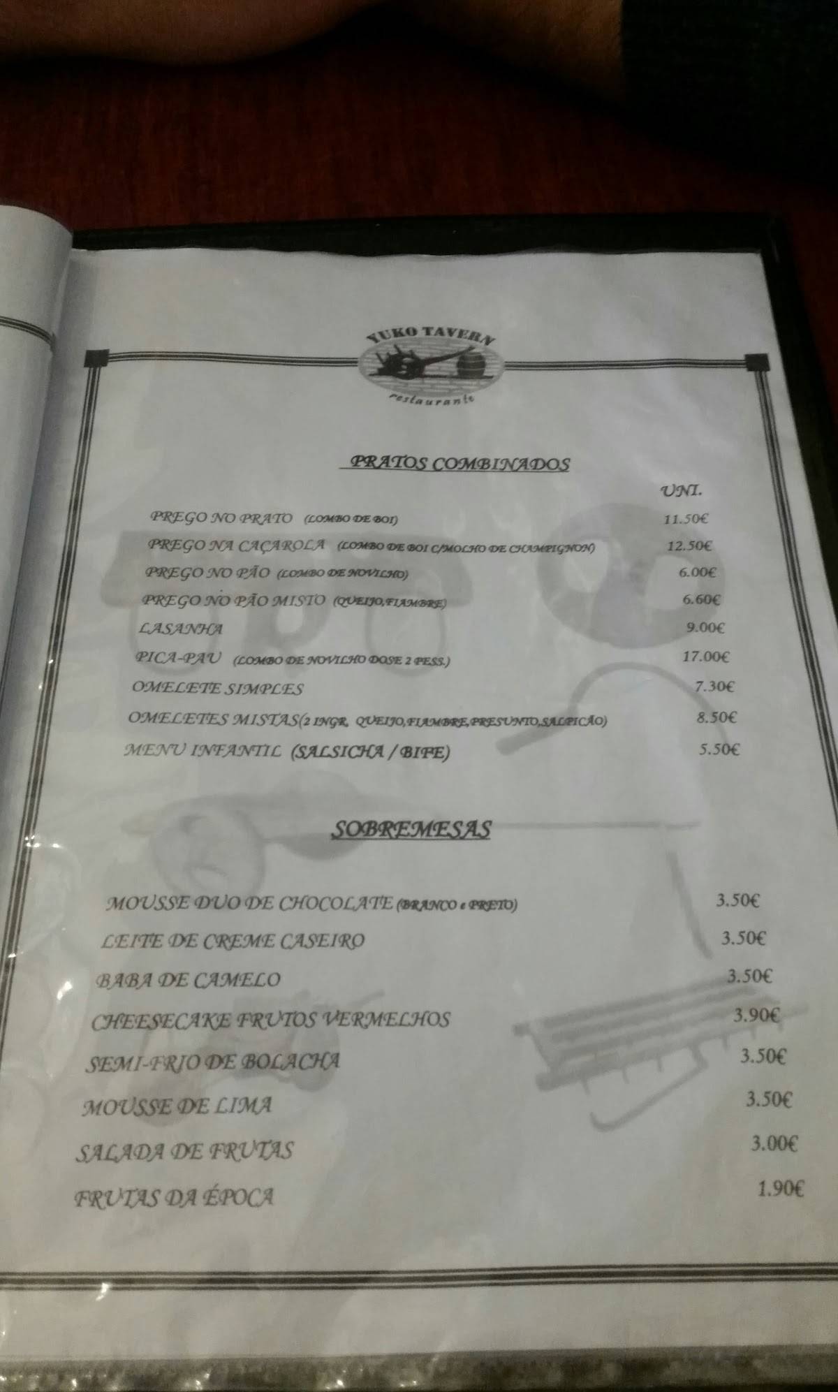 Menu em Yuko Tavern restaurante, Porto