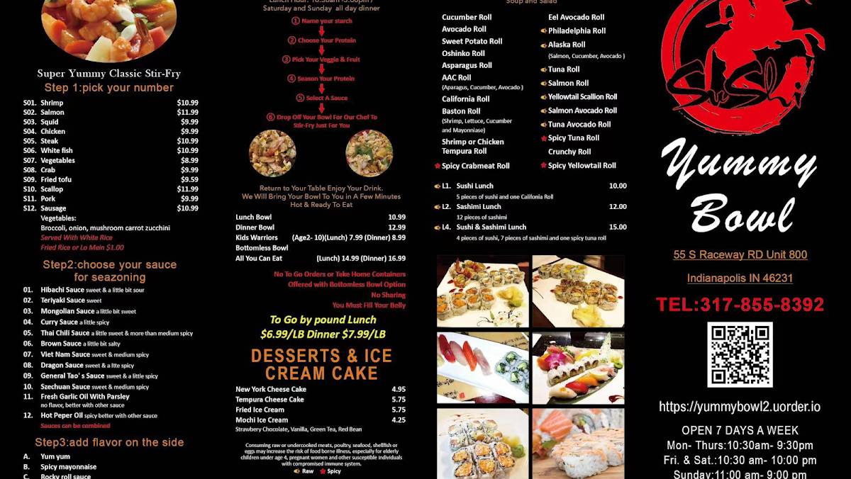 Menu at Yummy Bowl restaurant, Indianapolis, 55 S Raceway Rd