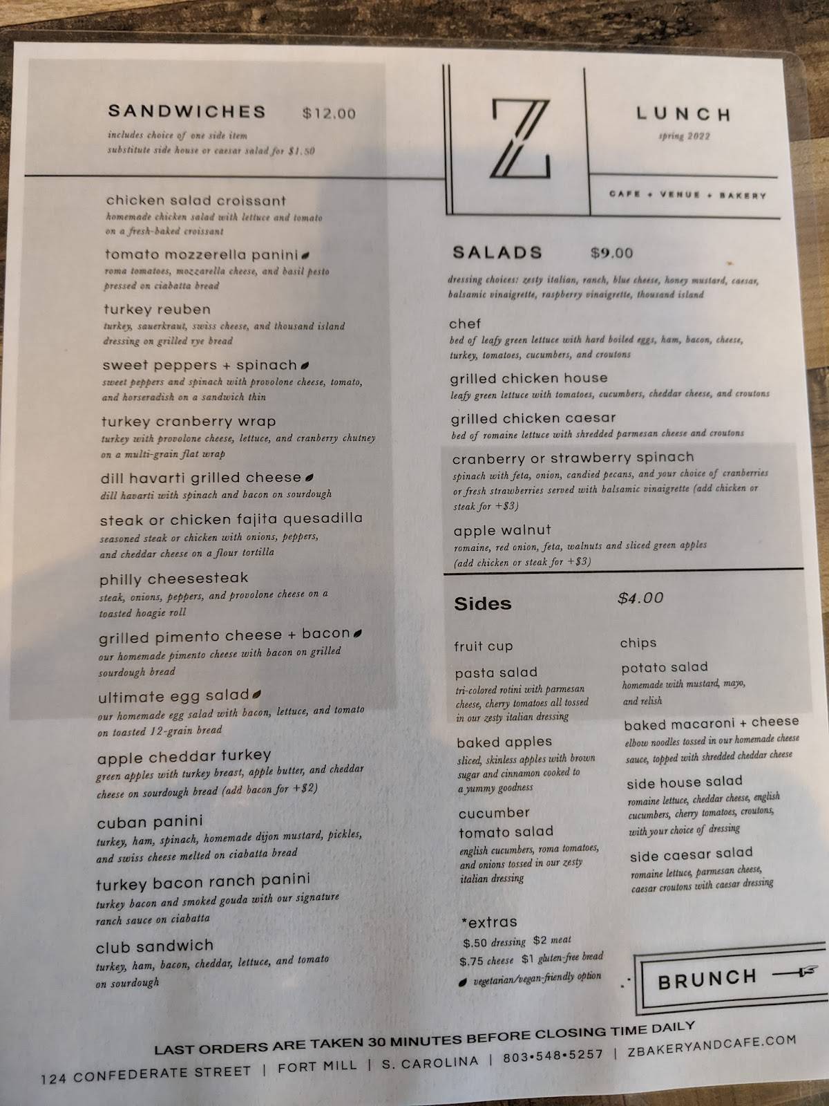 Menu at Z Bakery and Cafe, Fort Mill