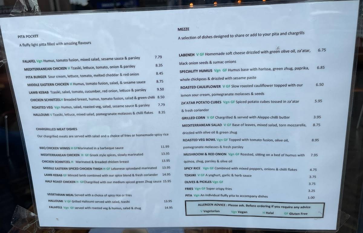 Menu at ZHUG restaurant, Nottingham