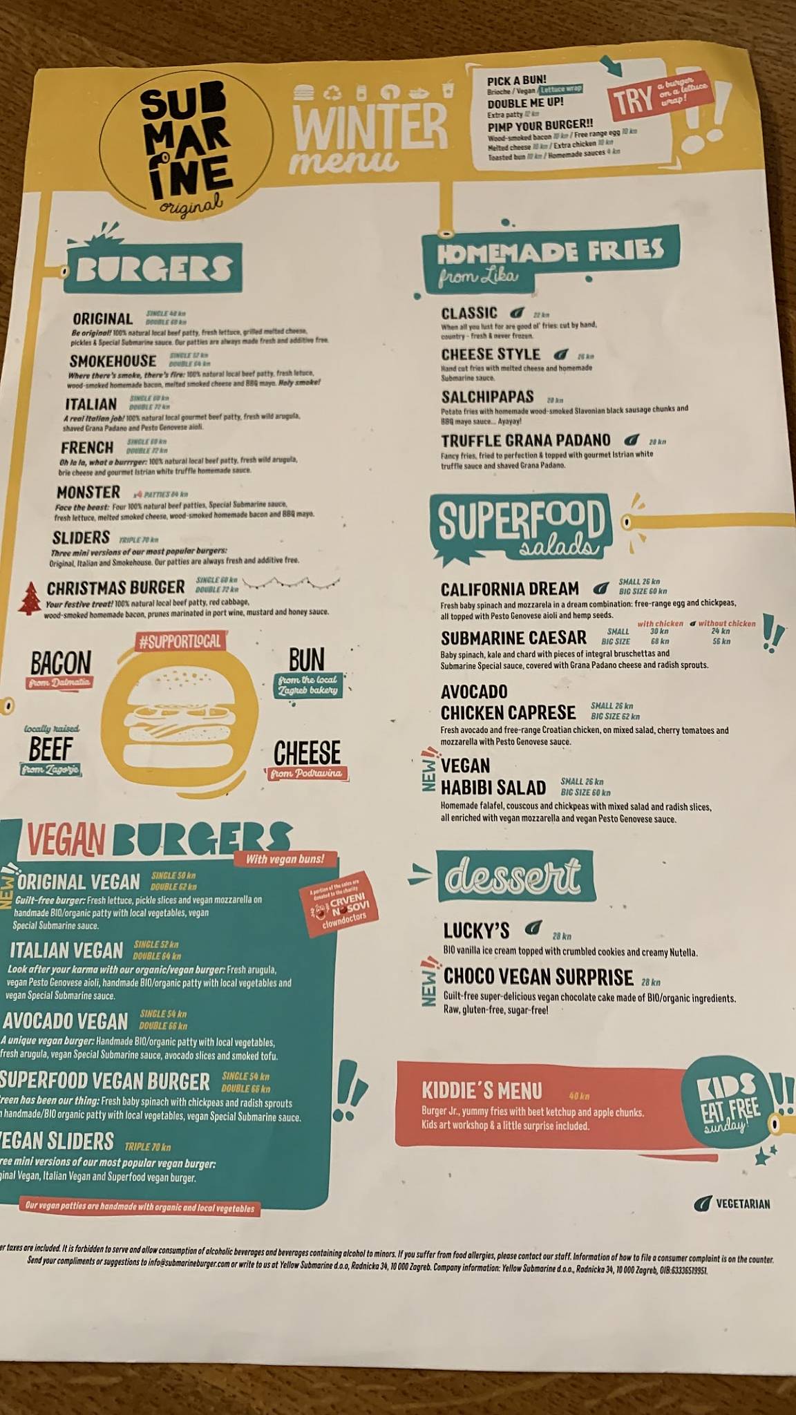 Menu at Submarine Burger Zadar restaurant, Zadar