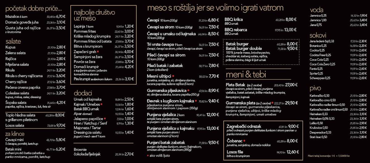 Menu at Batak Kvatrić restaurant, Zagreb, Ul. Jakova Gotovca 1