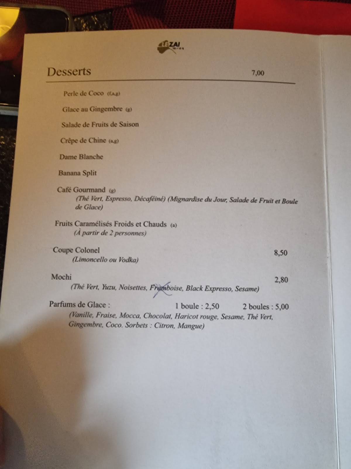 Menu au Zai (Le) restaurant, Strassen