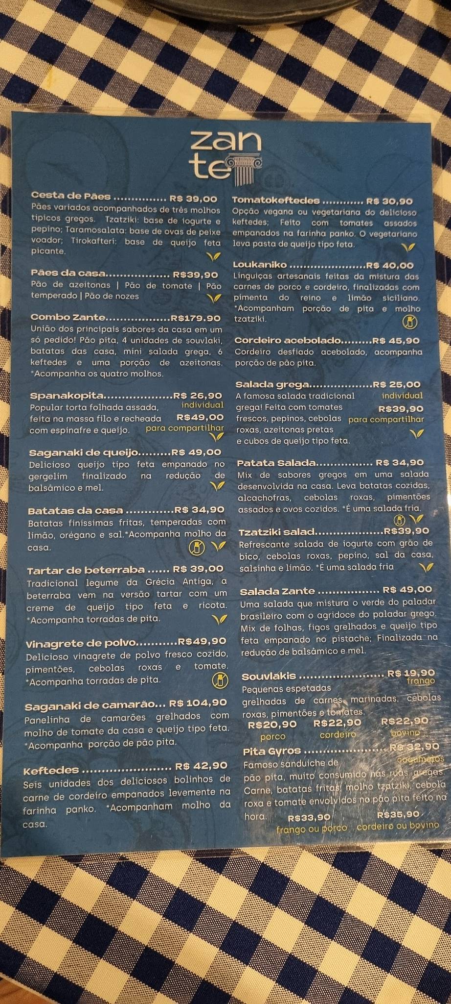 Menu at Zante Taverna Grega restaurant, Brasília