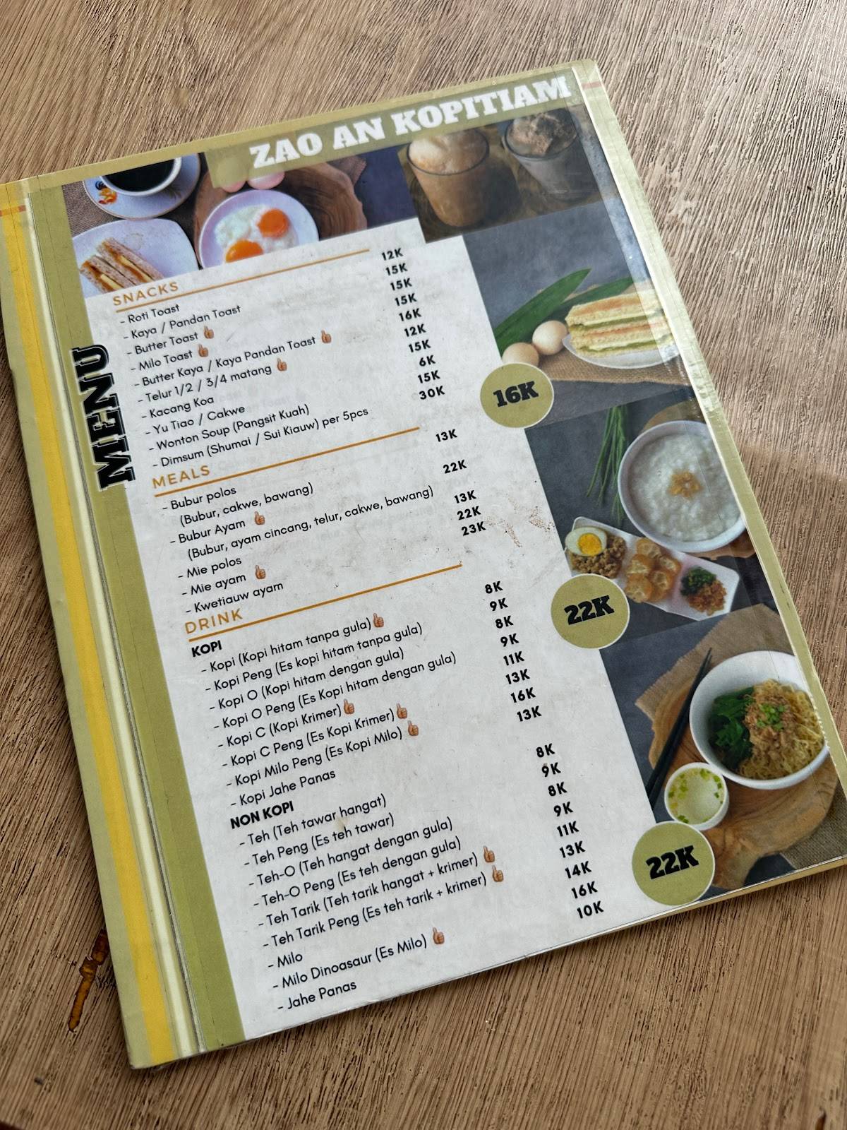 Carta de Zao An Kopitiam, Surabaya