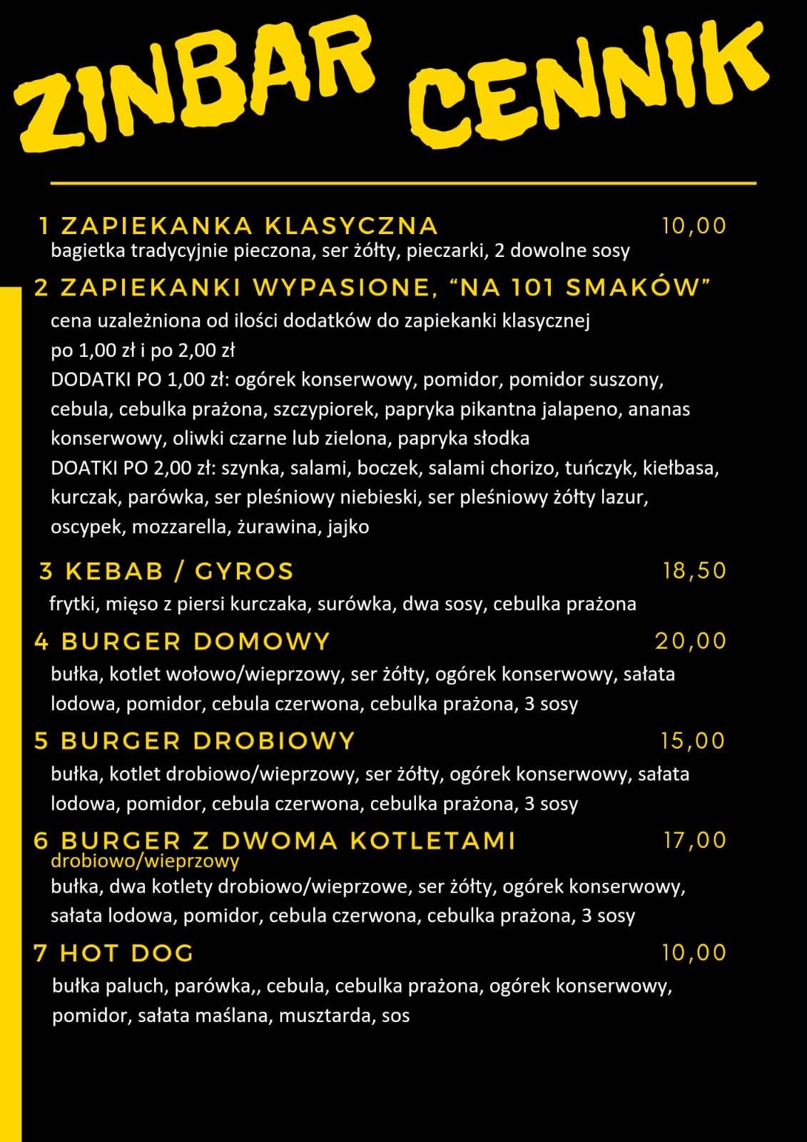 Menu at Zapiekanki z pieca Zinbar, Opatów