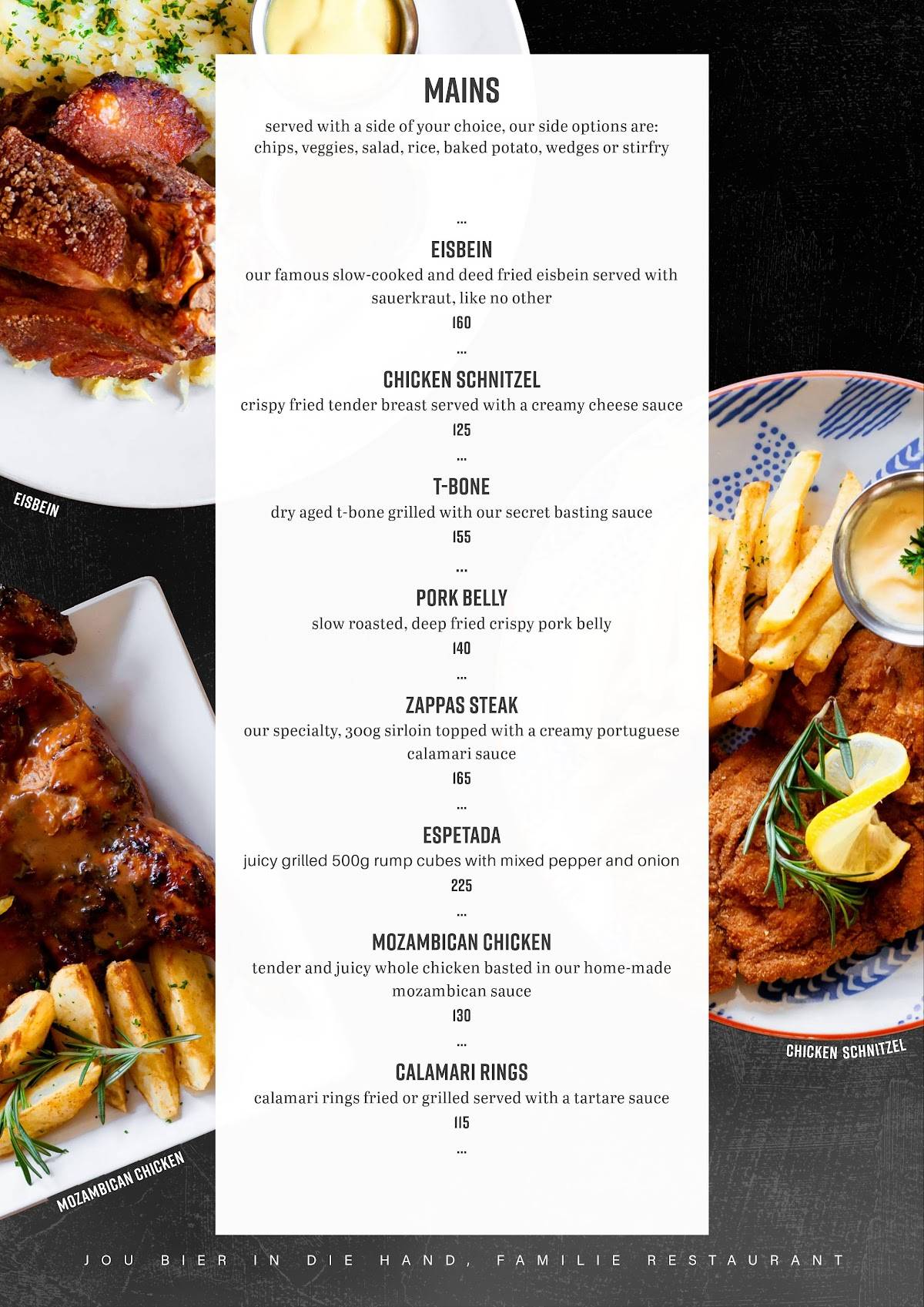 Menu at Zappas Restaurant, Pretoria