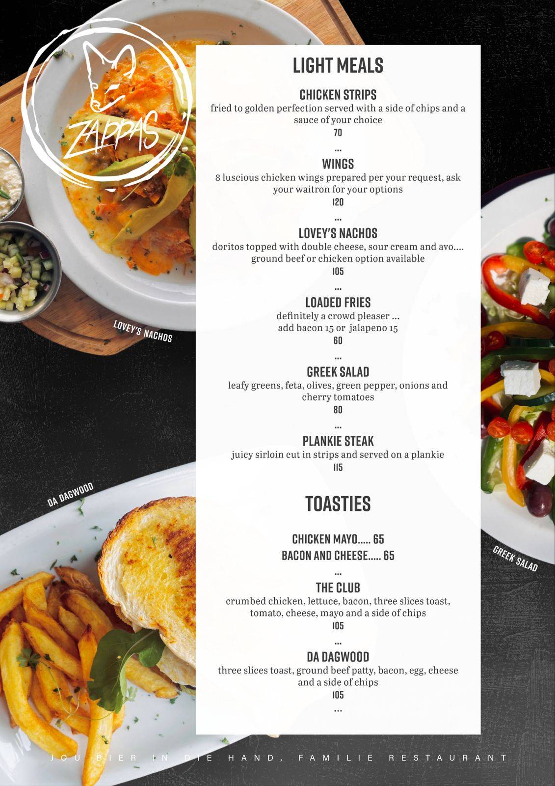 Menu at Zappas Restaurant, Pretoria