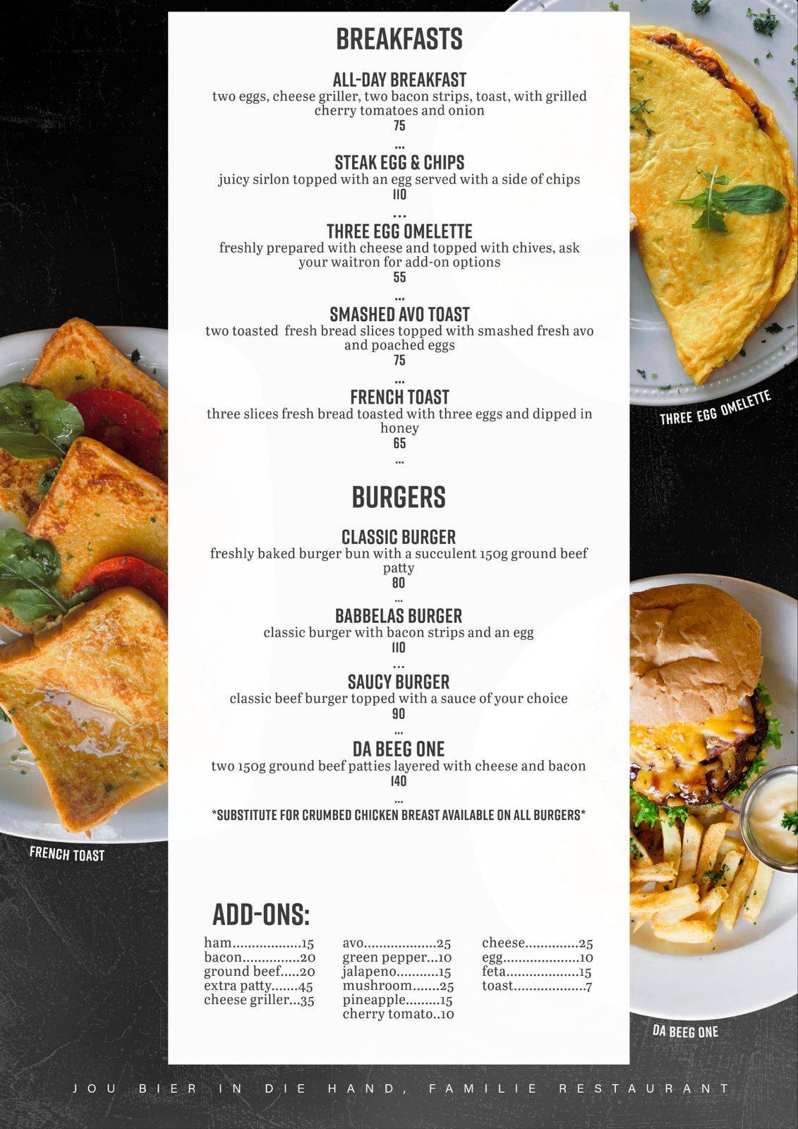 Menu at Zappas Restaurant, Pretoria