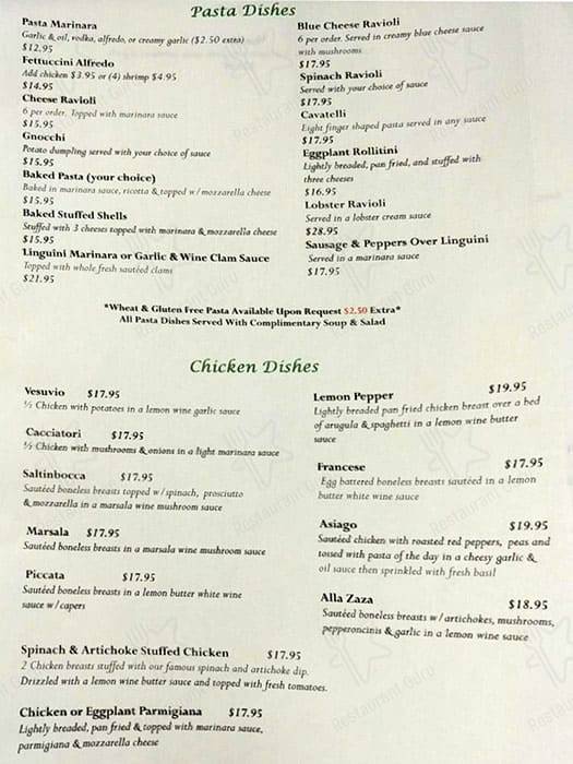 Menu at Zaza’s Steakhouse and Italian Eatery, Ingleside