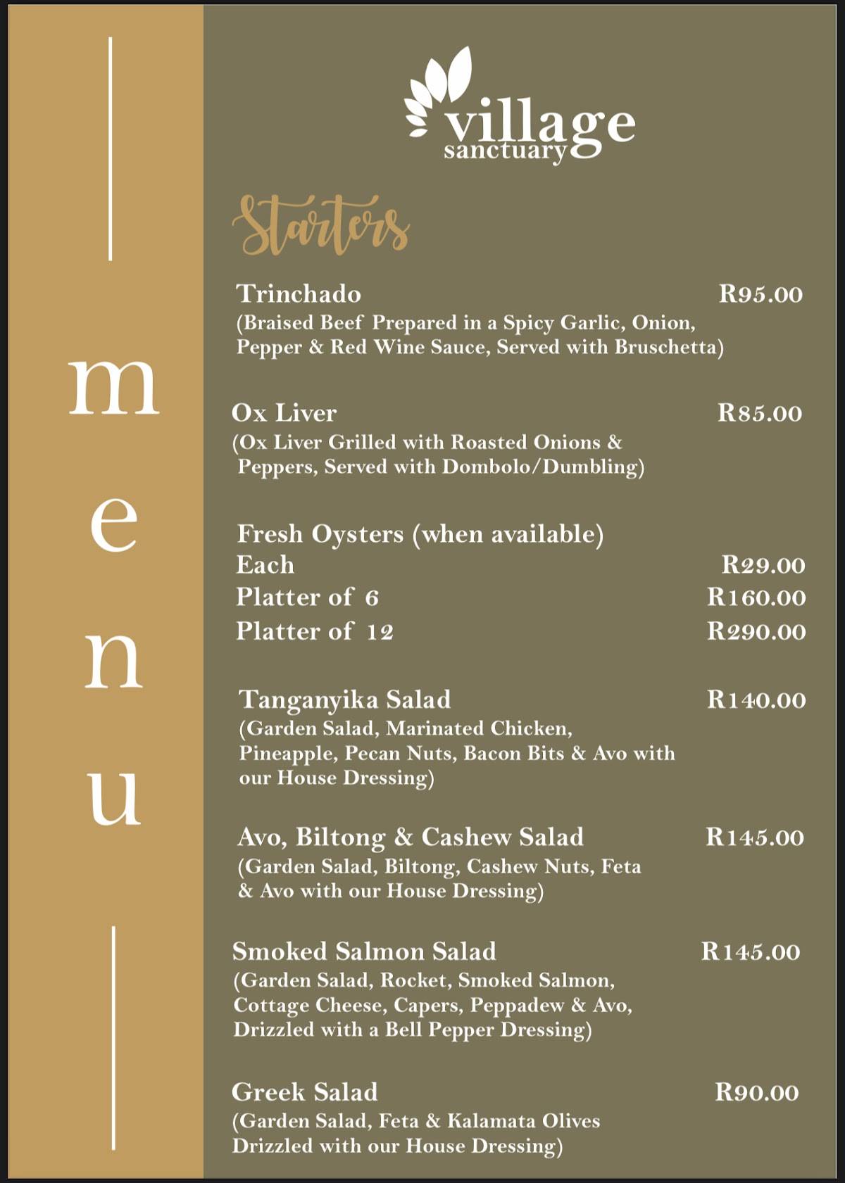 Menu at Village Sanctuary restaurant, Zebediela