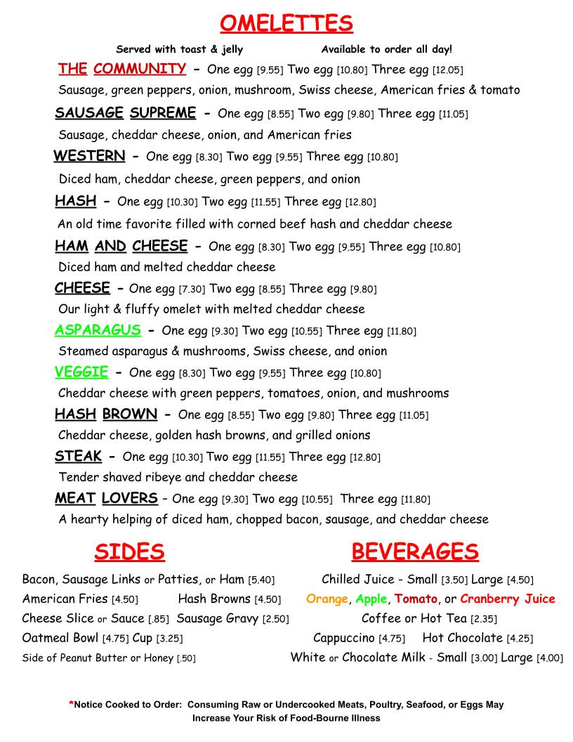 Menu at Community Restaurant, Zeeland, 421 E Main Ave