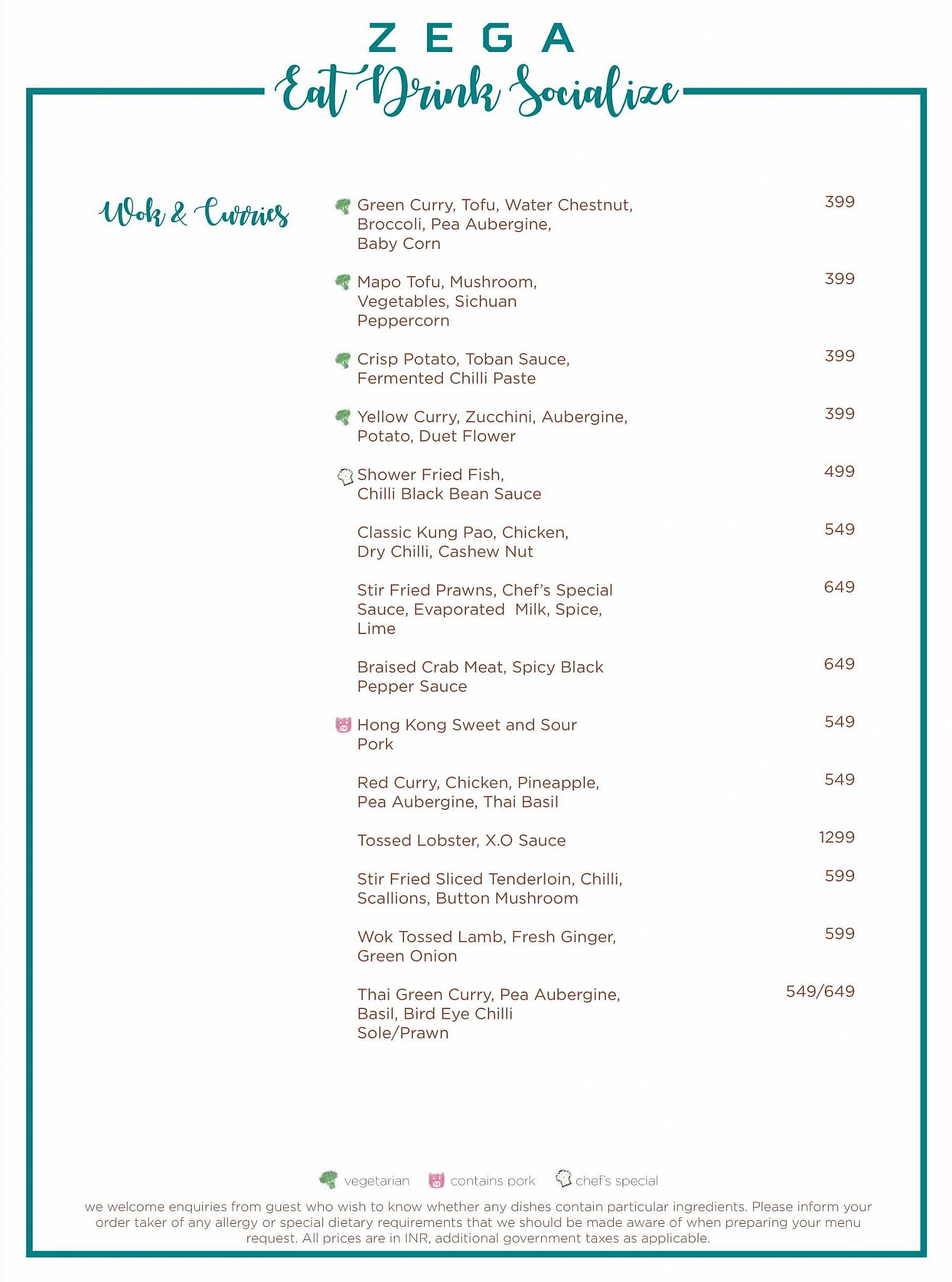 Menu at Zega, Hyderabad