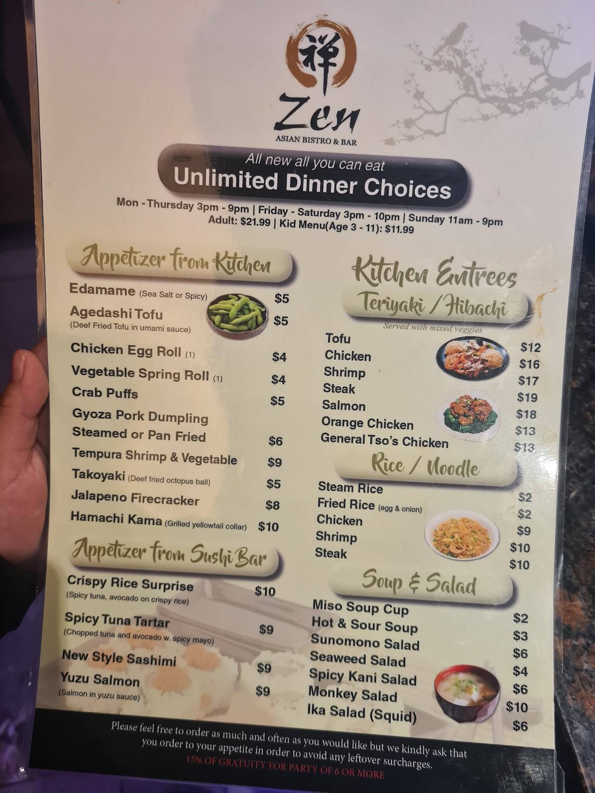 Menu at Zen Asian Bistro & Sushi restaurant, McAllen