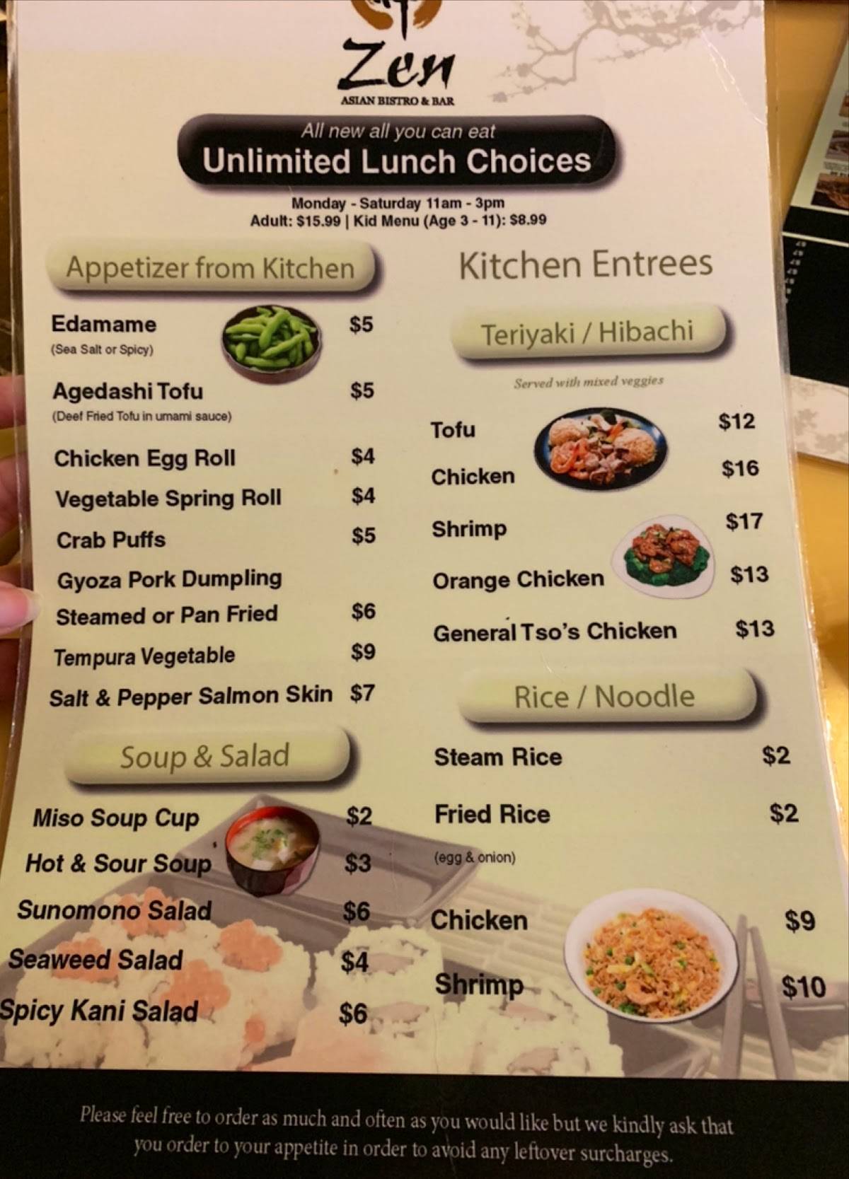 Menu at Zen Asian Bistro & Sushi restaurant, McAllen