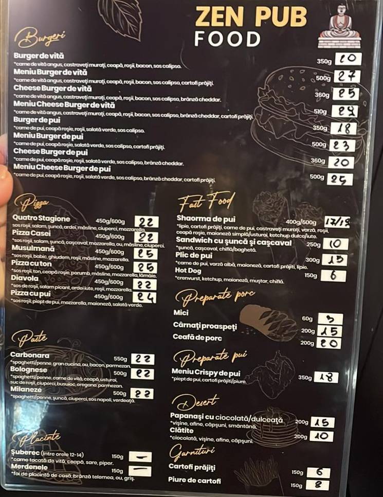 Menu at Zen Pub, Poarta Albă